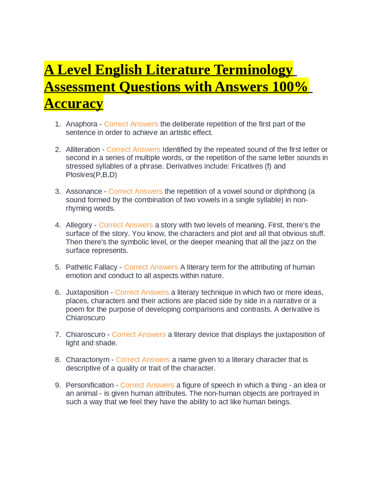 A Level English Literature Terminology Assessment Questions with ...