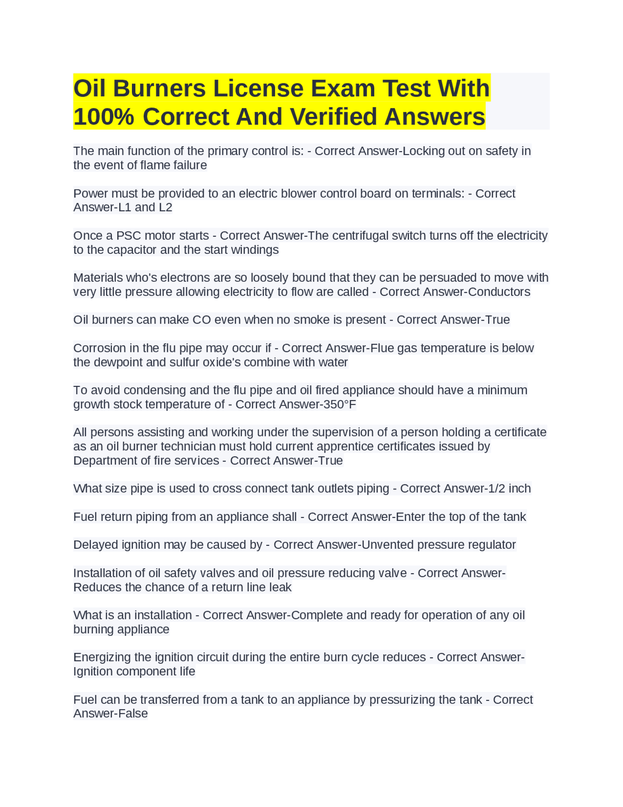 Oil Burners License Exam Test With 100% Correct And Verified Answers ...