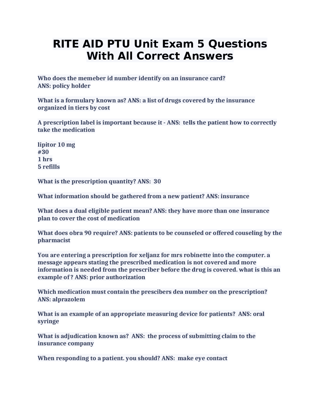 RITE AID PTU Unit Exam 5 Questions With All Correct Answers | Exams ...