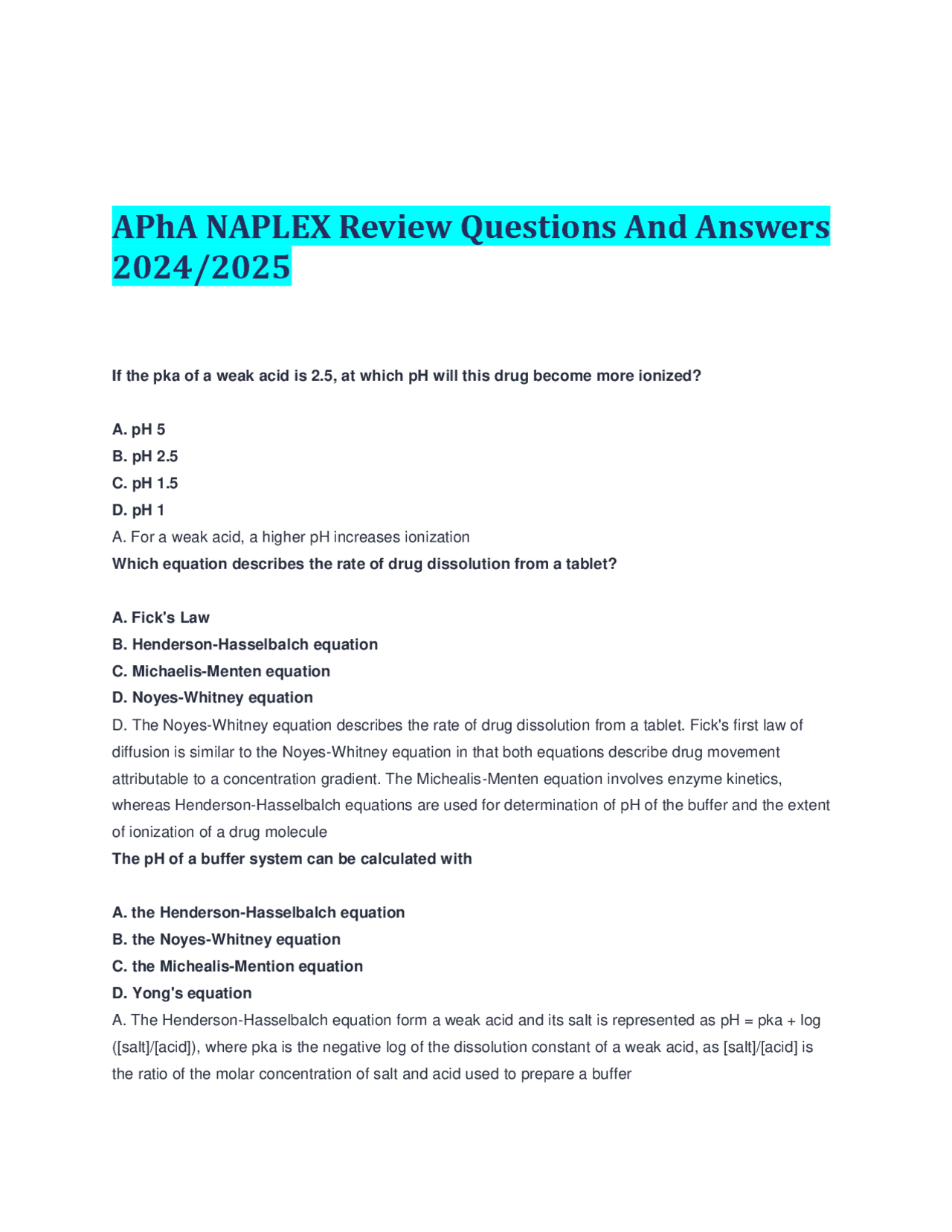 APhA NAPLEX Review Questions And Answers 2024/2025 | Exams Health sciences | Docsity