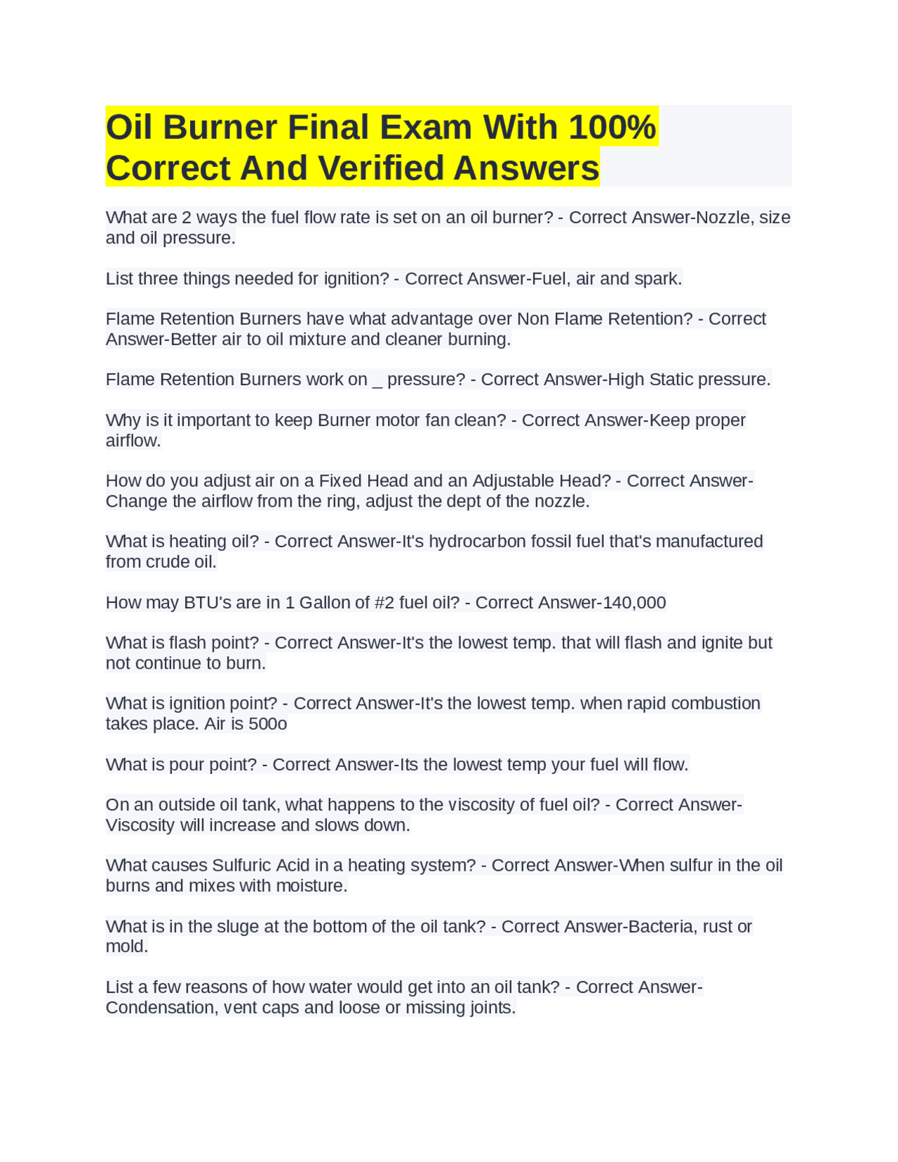 Oil Burner Final Exam With 100% Correct And Verified Answers | Exams ...