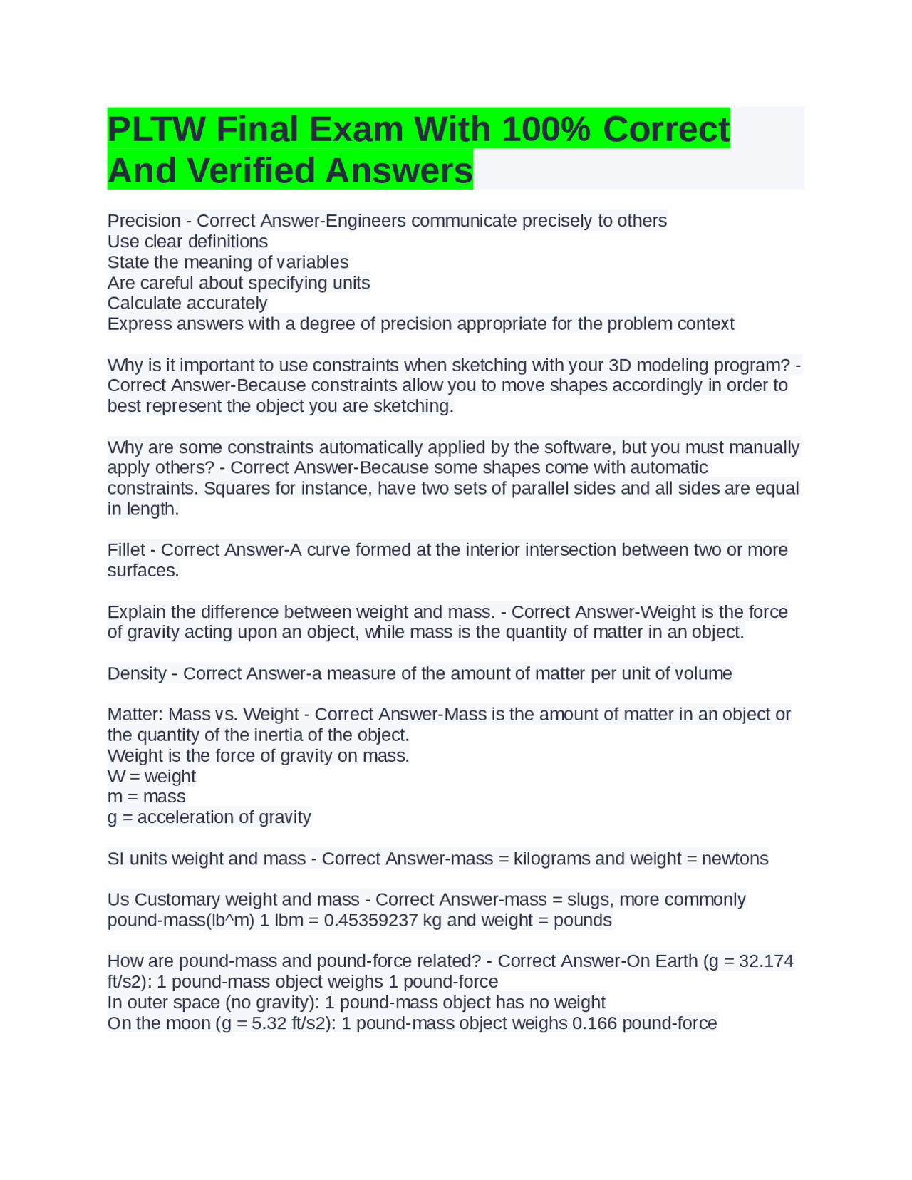 PLTW Final Exam With 100% Correct And Verified Answers | Exams Advanced ...