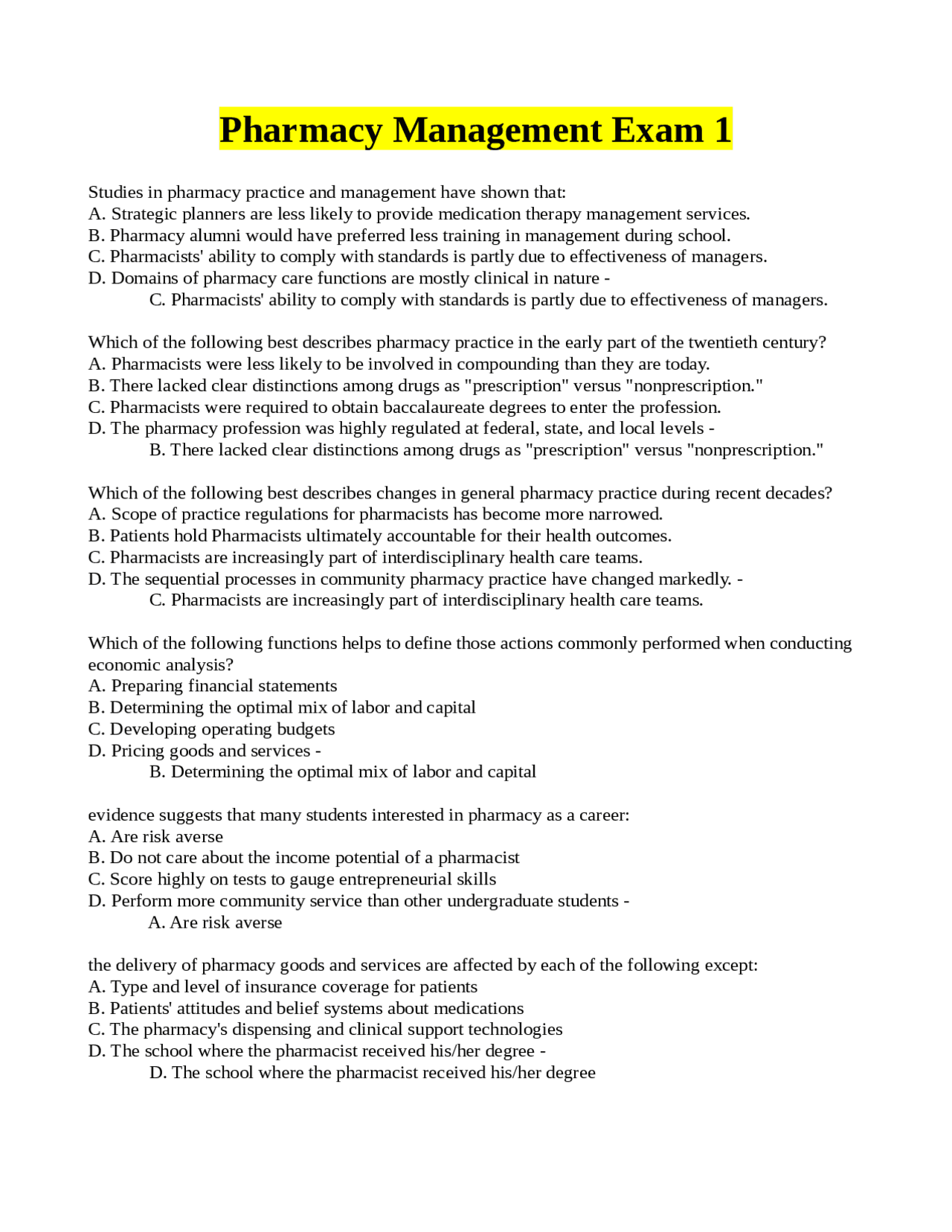 Pharmacy Management Exam 1 | Exams Pharmacy | Docsity