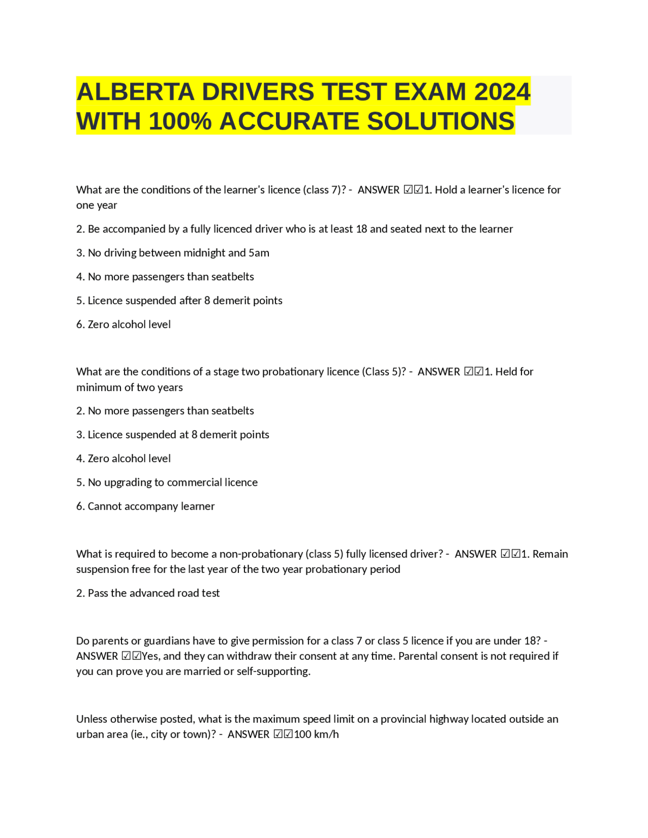 ALBERTA DRIVERS TEST EXAM 2024 WITH 100% ACCURATE SOLUTIONS | Exams ...