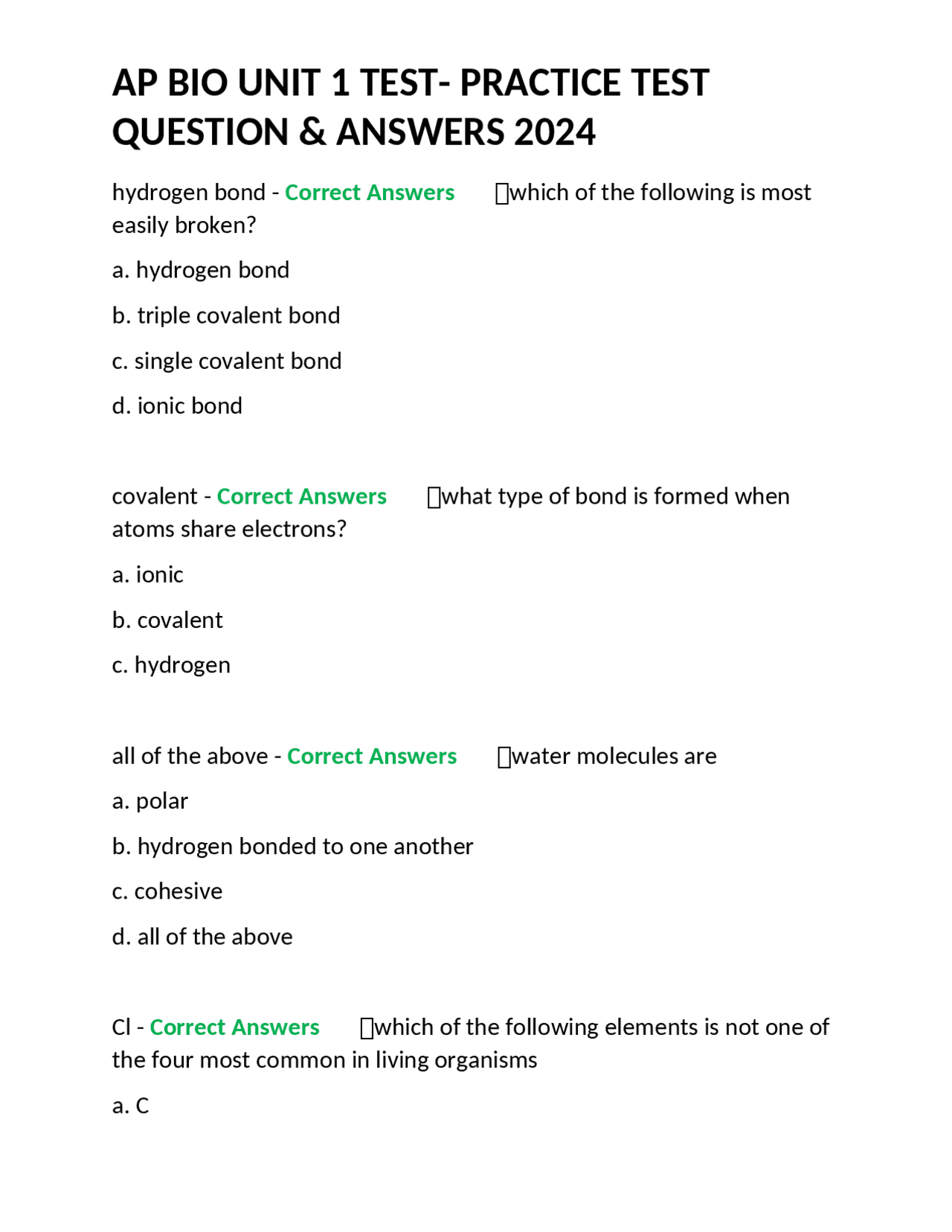 AP BIO UNIT 1 TEST- PRACTICE TEST QUESTION & ANSWERS 2024 | Exams ...