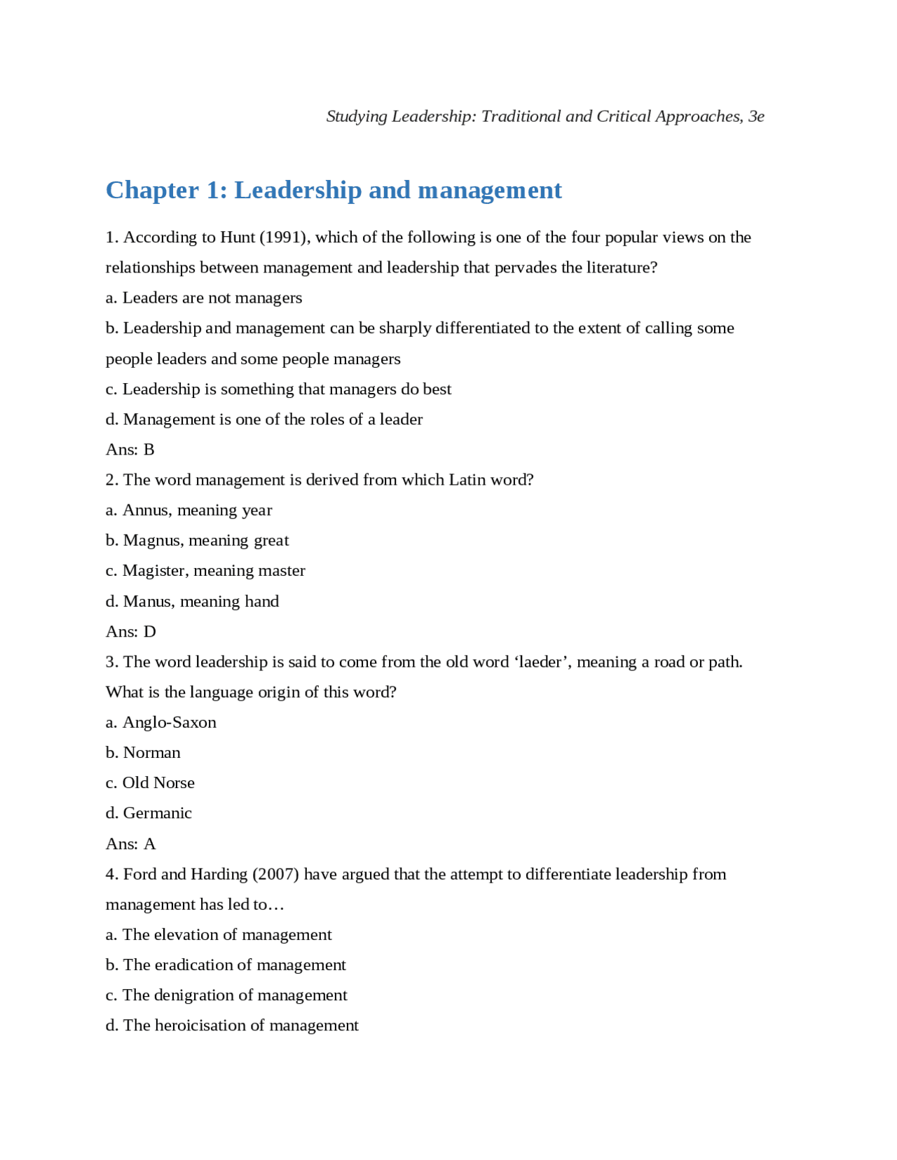 Test Bank Studying Leadership Traditional and Critical Approaches, 3rd ...
