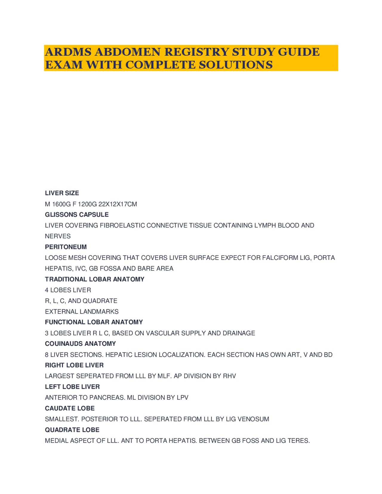ARDMS ABDOMEN REGISTRY STUDY GUIDE EXAM WITH COMPLETE SOLUTIONS | Study ...