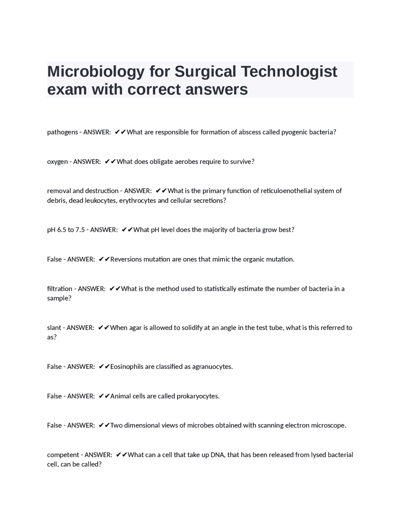Microbiology for Surgical Technologist exam with correct answers ...