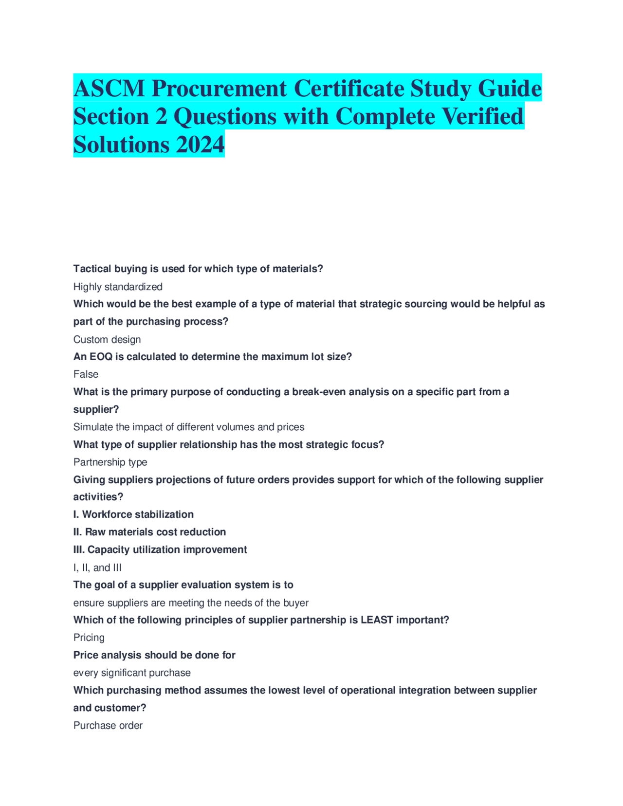 ASCM Procurement Certificate Study Guide Section 2 Questions with ...
