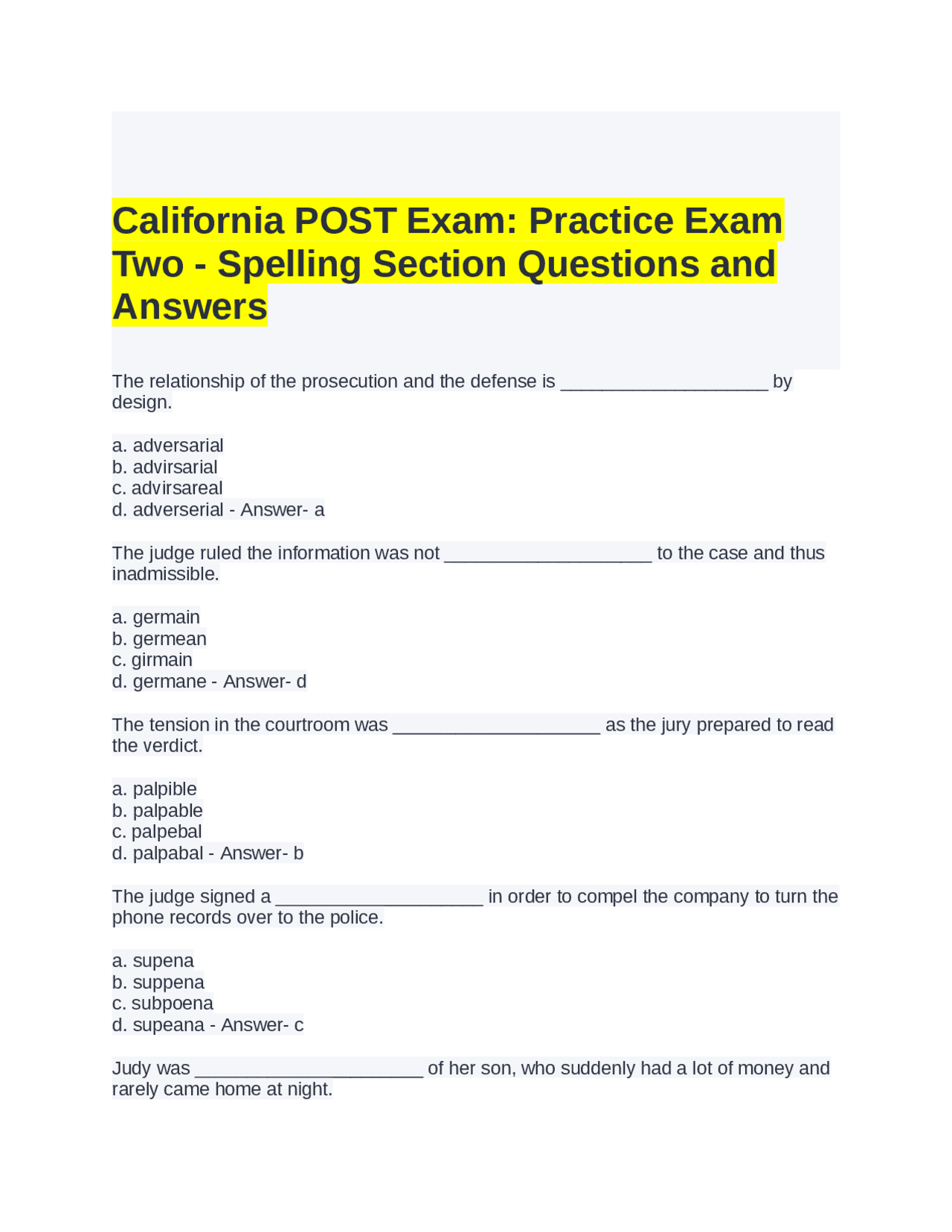 California POST Exam: Practice Exam Two - Spelling Section Questions ...
