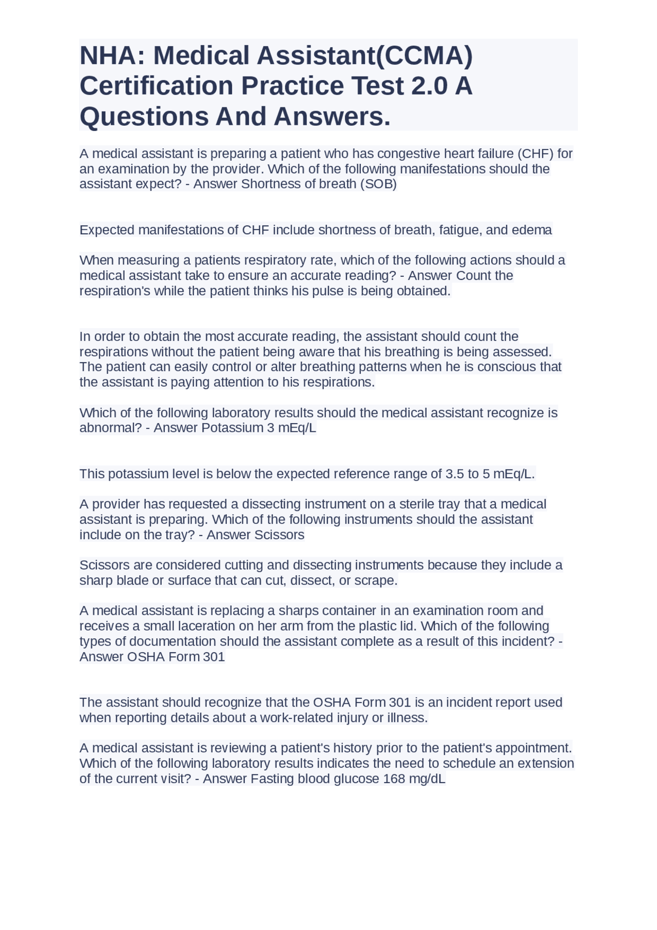 NHA Medical Assistant(CCMA) Certification Practice Test 2.0 A Questions ...