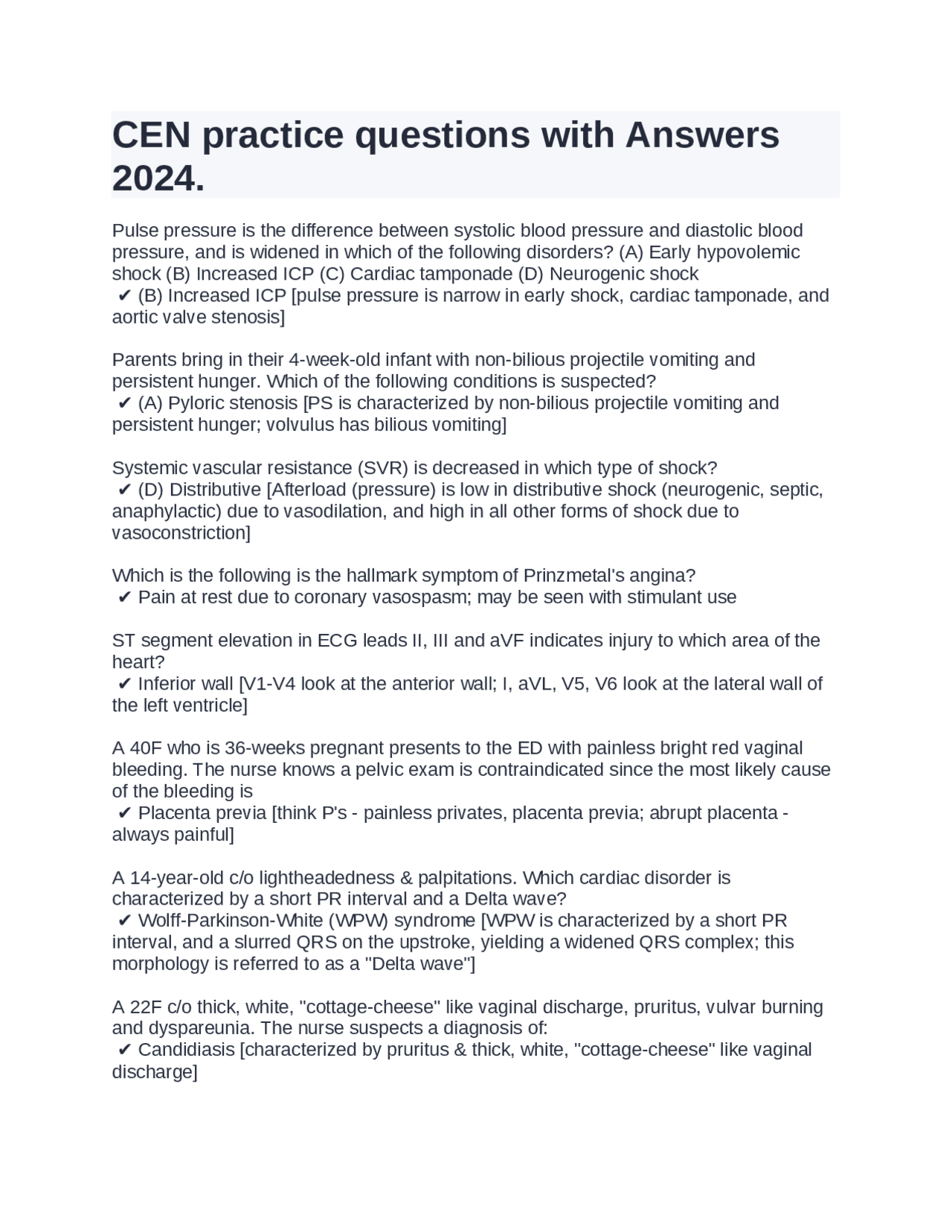 CEN practice questions with Answers 2024. | Exams Nursing | Docsity