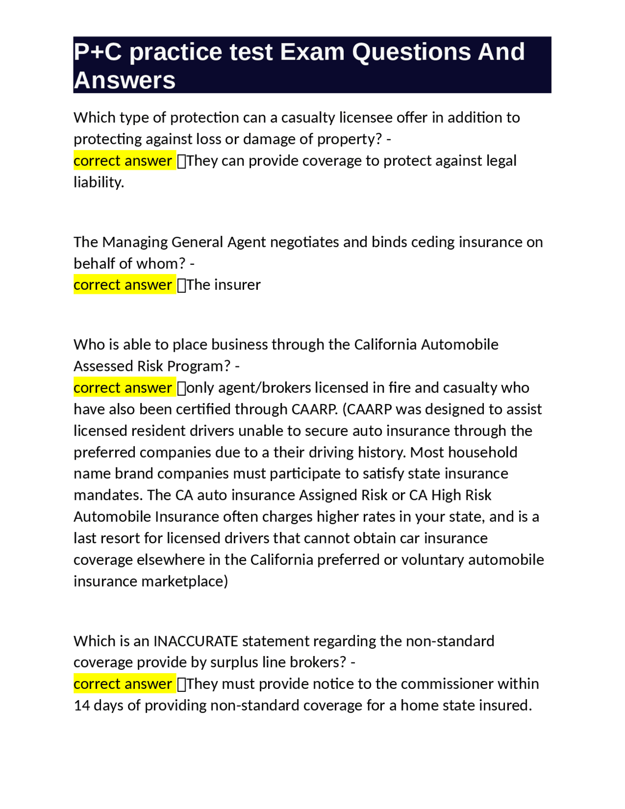 P+C practice test Exam Questions And Answers | Exams Banking Law and ...