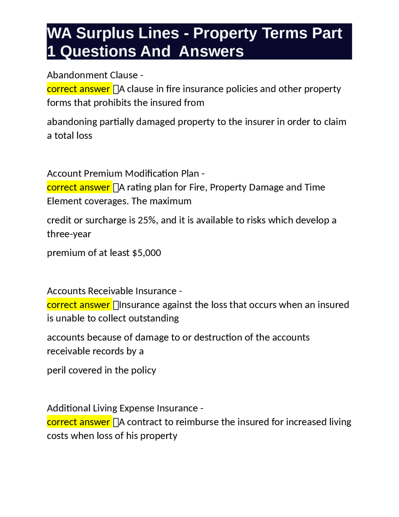 WA Surplus Lines - Property Terms Part 1 Questions And Answers | Exams ...