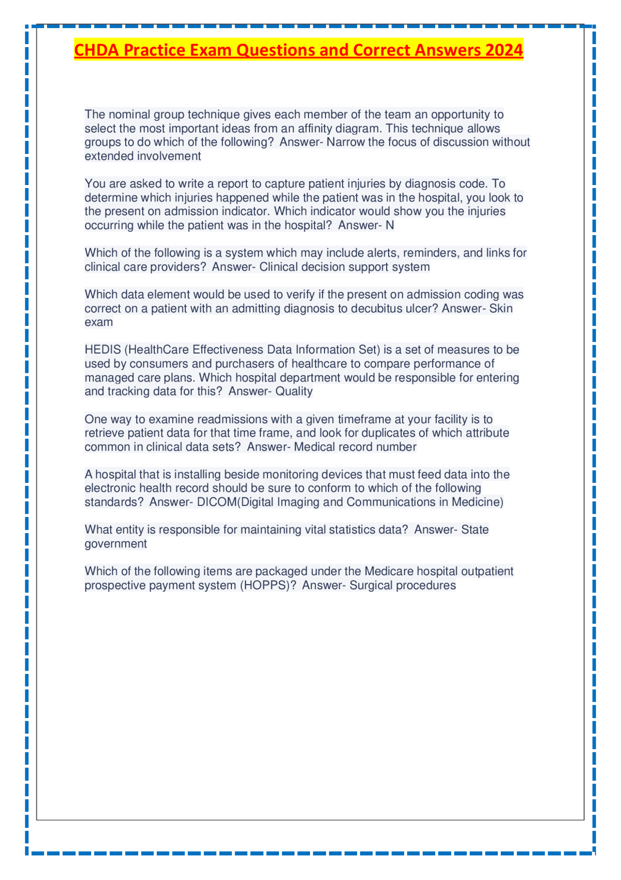 CHDA Practice Exam Questions and Correct Answers 2024 | Exams Nursing ...