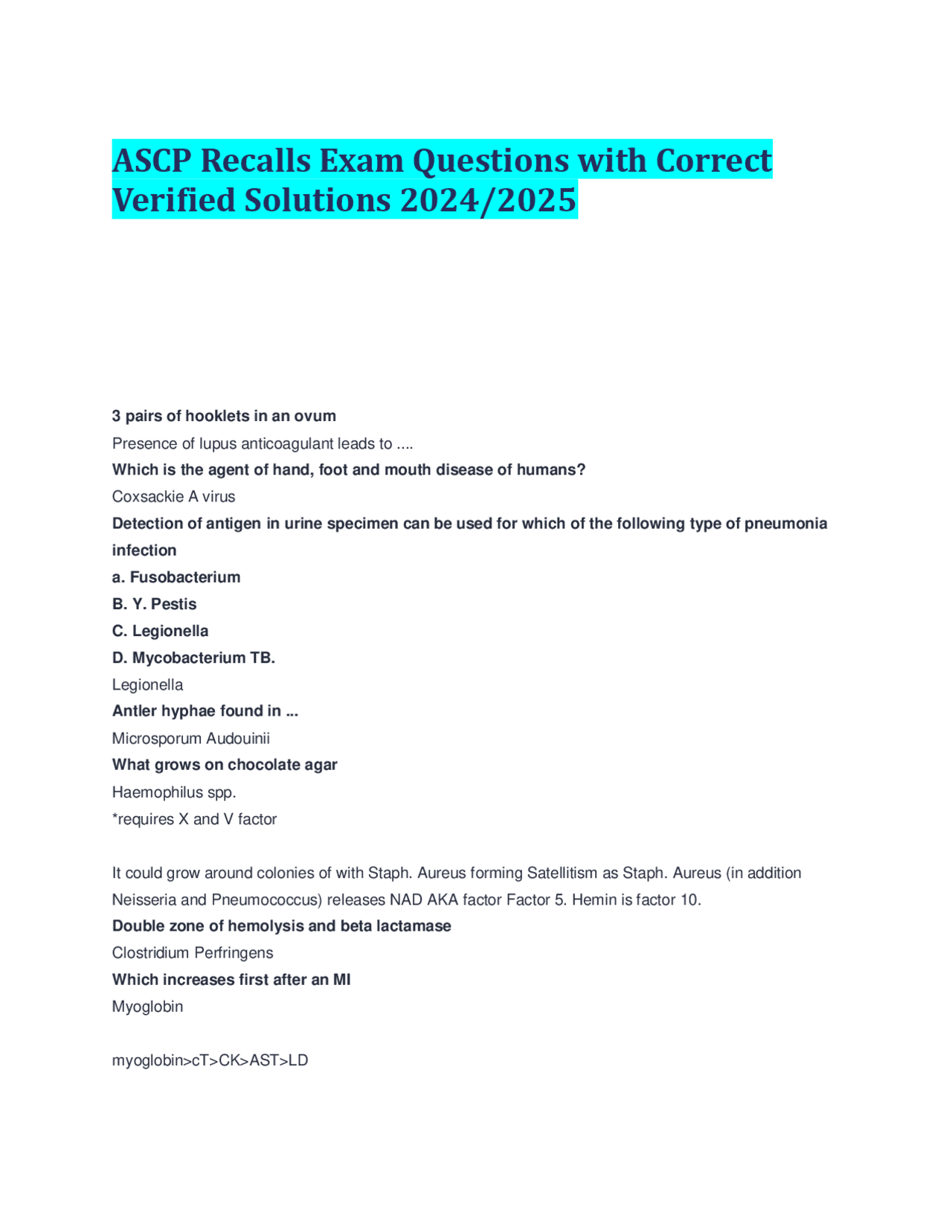 ASCP Recalls Exam Questions with Correct Verified Solutions 2024/2025 ...