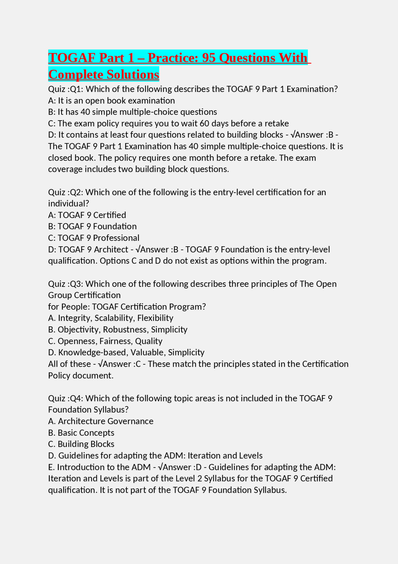 TOGAF Part 1 – Practice: 95 Questions With Complete Solutions | Exams ...