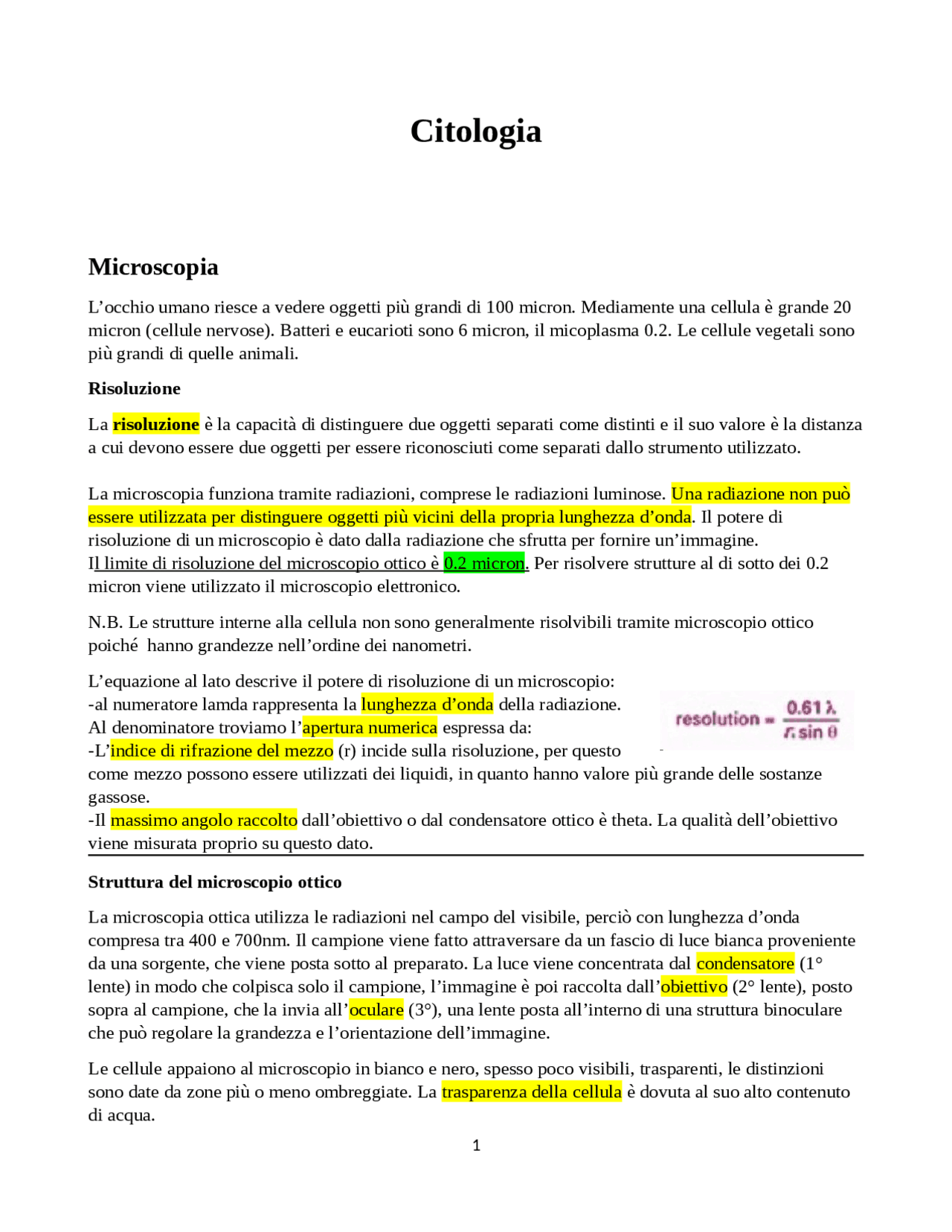 Dispense di Citologia | Dispense di Citologia | Docsity