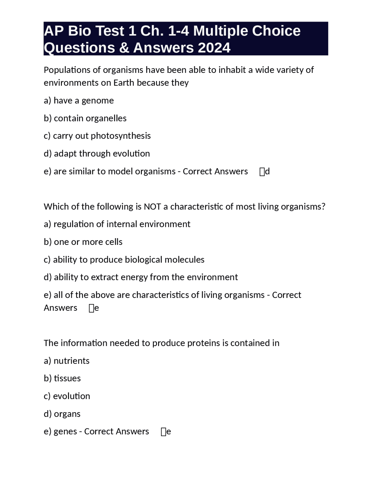 AP Bio Test 1 Ch. 1-4 Multiple Choice Questions & Answers 2024 | Exams ...