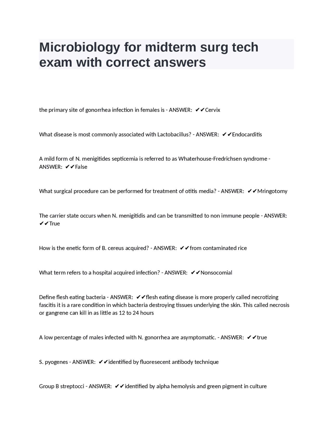 Microbiology for midterm surg tech exam with correct answers | Exams ...