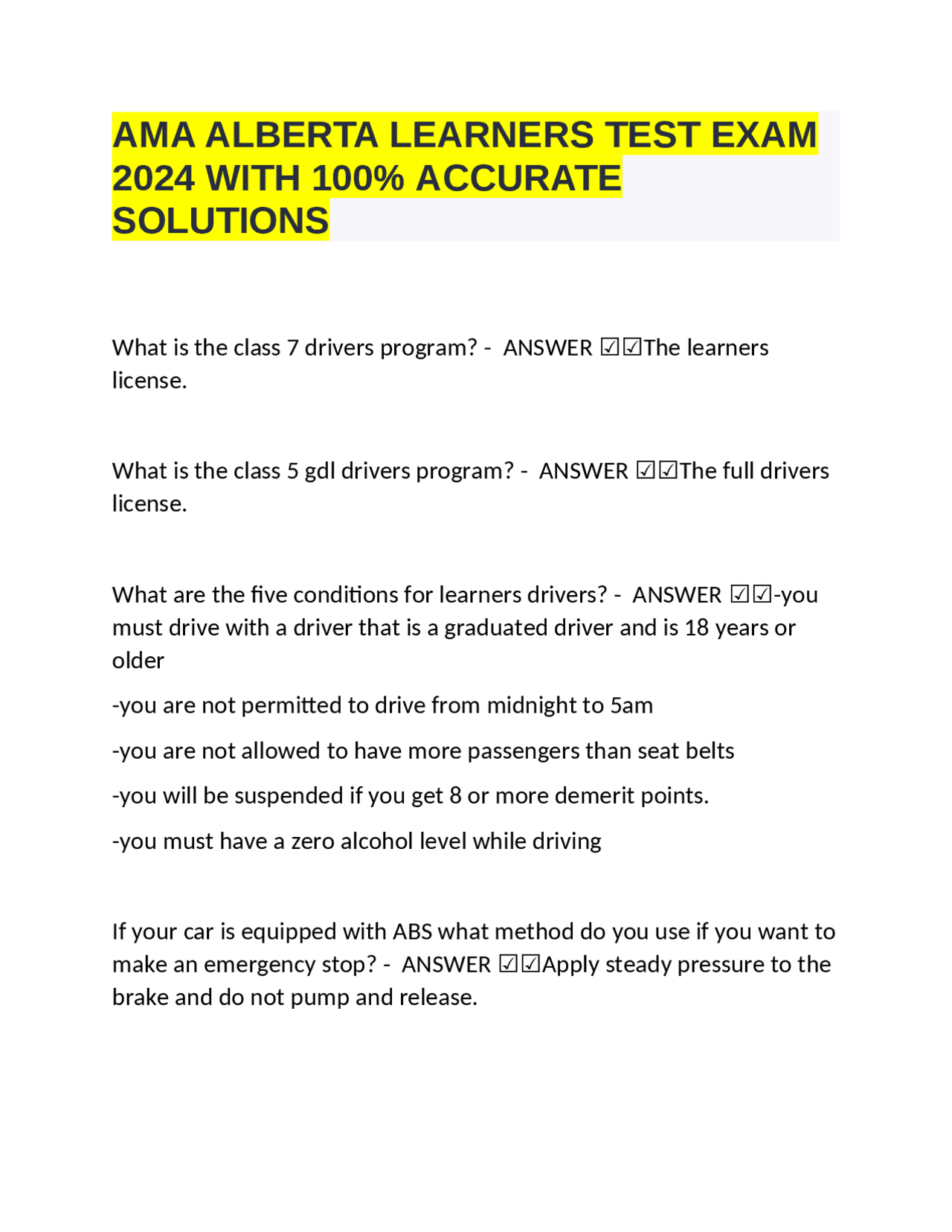 AMA ALBERTA LEARNERS TEST EXAM 2024 WITH 100% ACCURATE SOLUTIONS ...