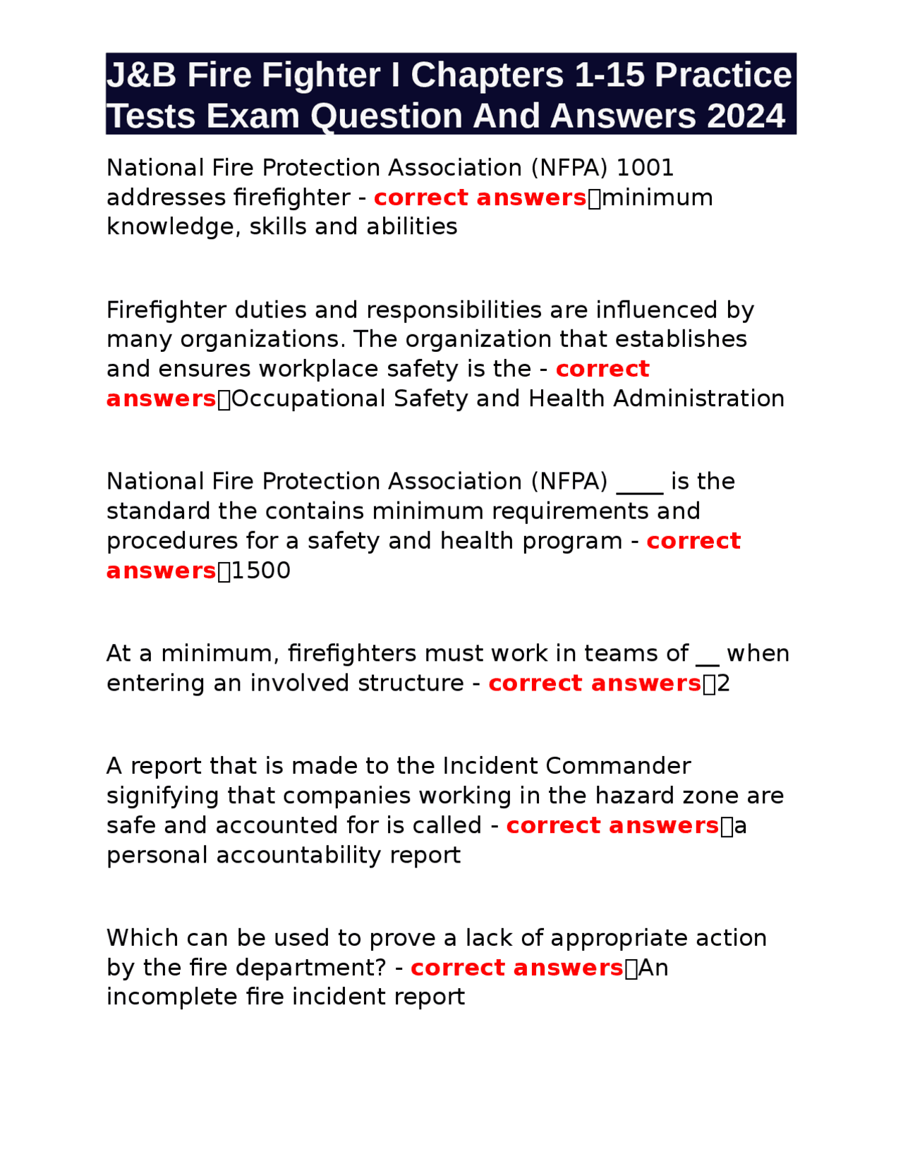 J&B Fire Fighter I Chapters 1-15 Practice Tests Exam Question And ...