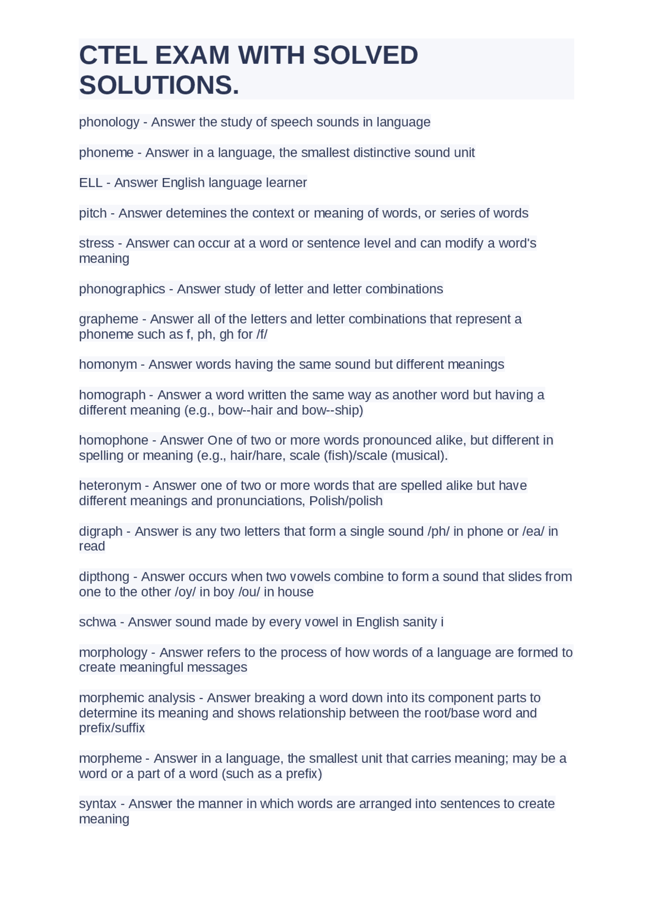 CTEL EXAM WITH SOLVED SOLUTIONS.. | Exams Nursing | Docsity