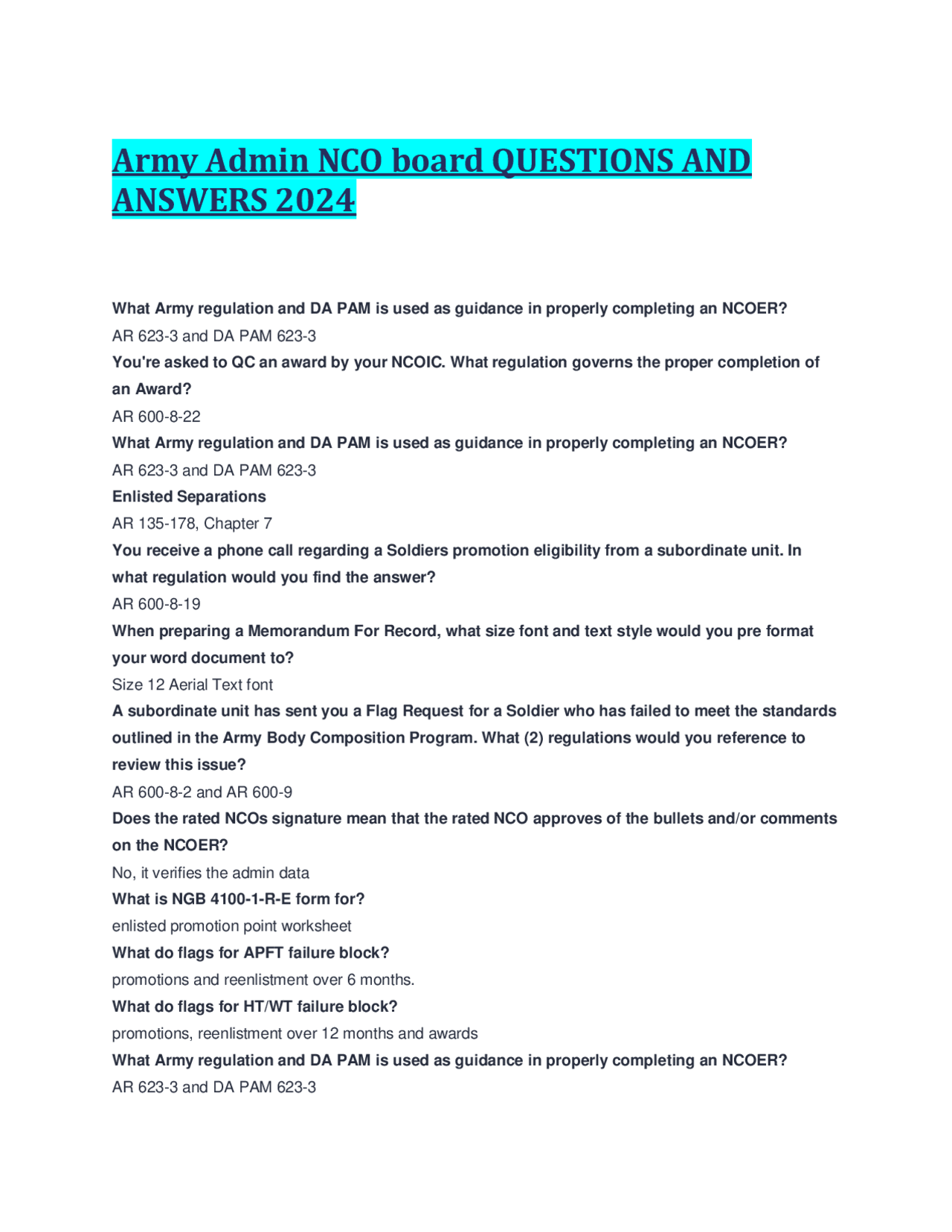 Army Admin NCO board QUESTIONS AND ANSWERS 2024 | Exams Military ...