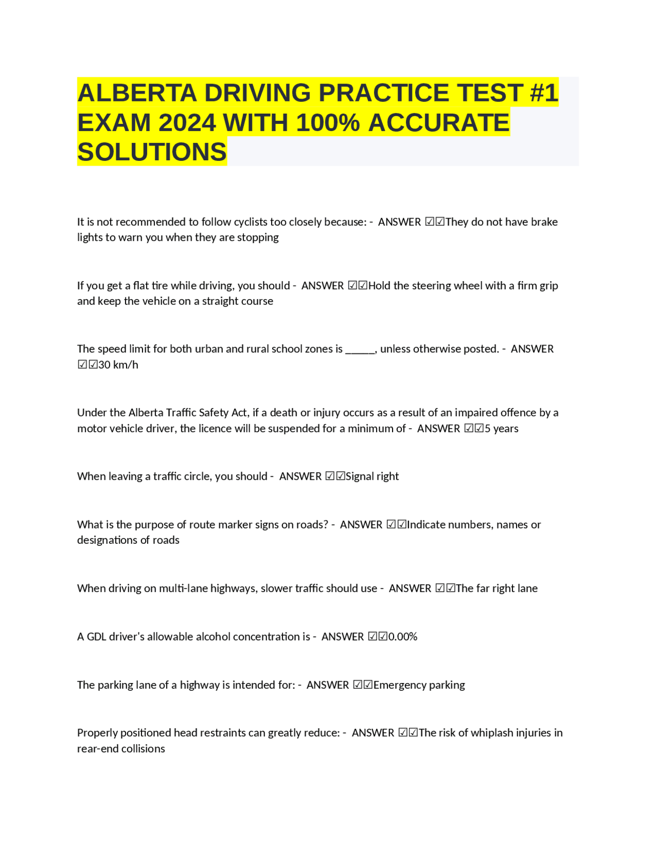ALBERTA DRIVING PRACTICE TEST #1 EXAM 2024 WITH 100% ACCURATE SOLUTIONS ...