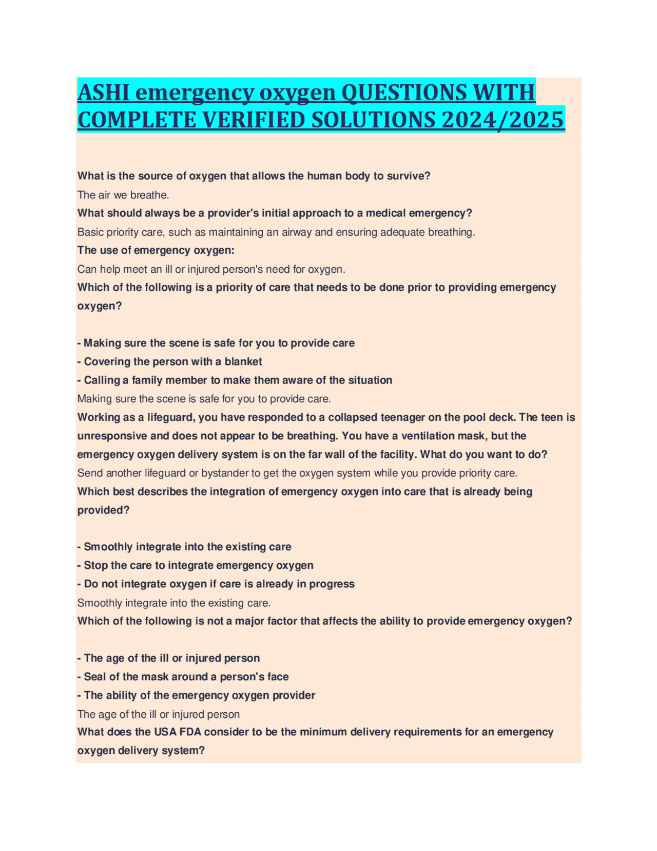 ASHI emergency oxygen QUESTIONS WITH COMPLETE VERIFIED SOLUTIONS 2024/ ...