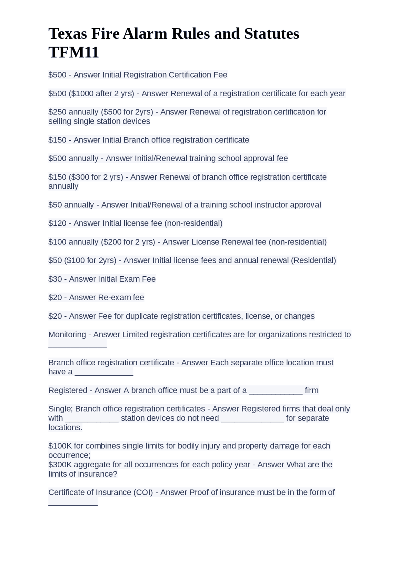 Texas Fire Alarm Rules and Statutes TFM11. | Exams Nursing | Docsity