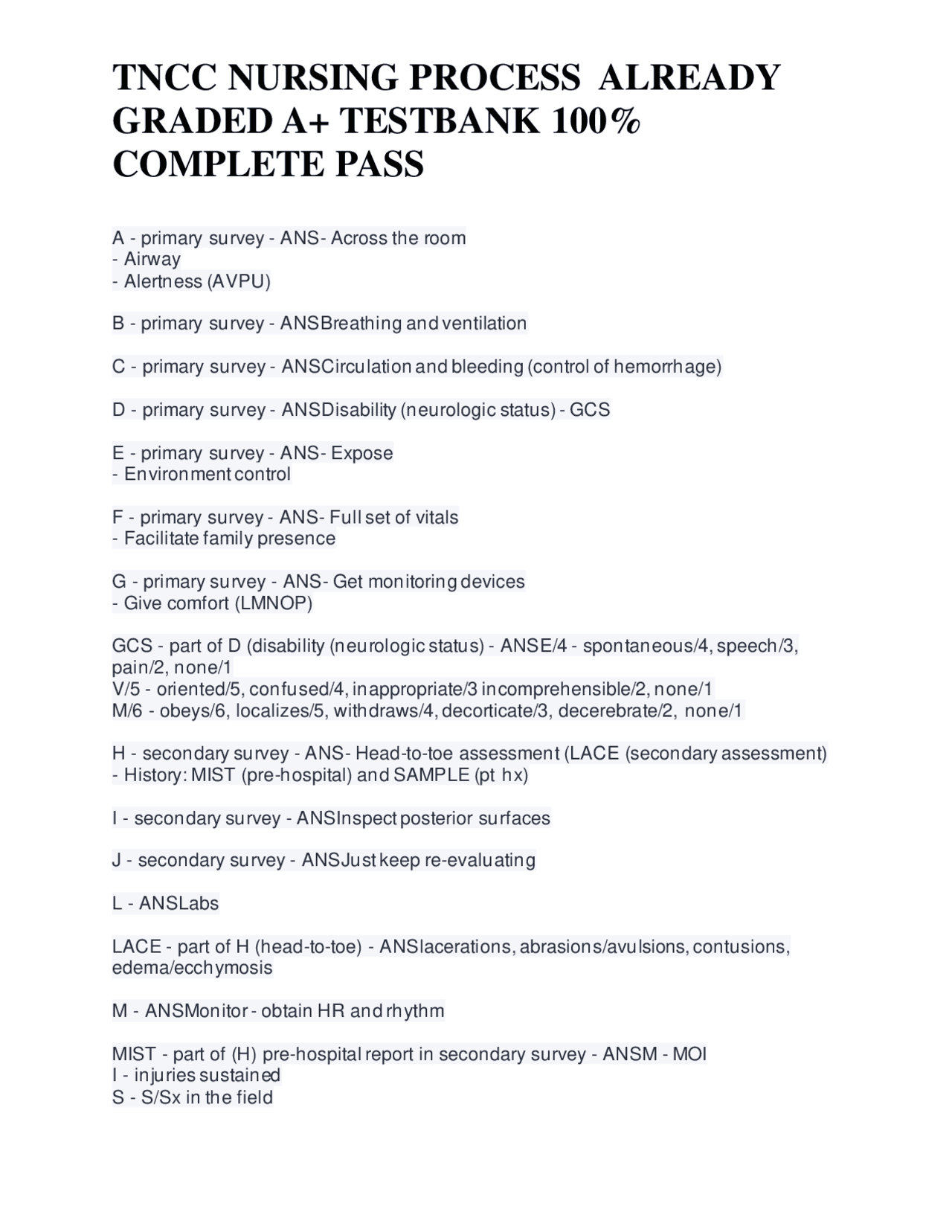 TNCC NURSING PROCESS ALREADY GRADED A+ TESTBANK 100% COMPLETE PASS.pdf ...