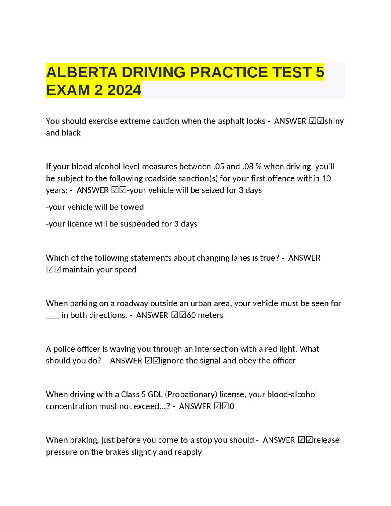 ALBERTA DRIVING PRACTICE TEST 5 EXAM 2 2024 | Exams Nursing | Docsity