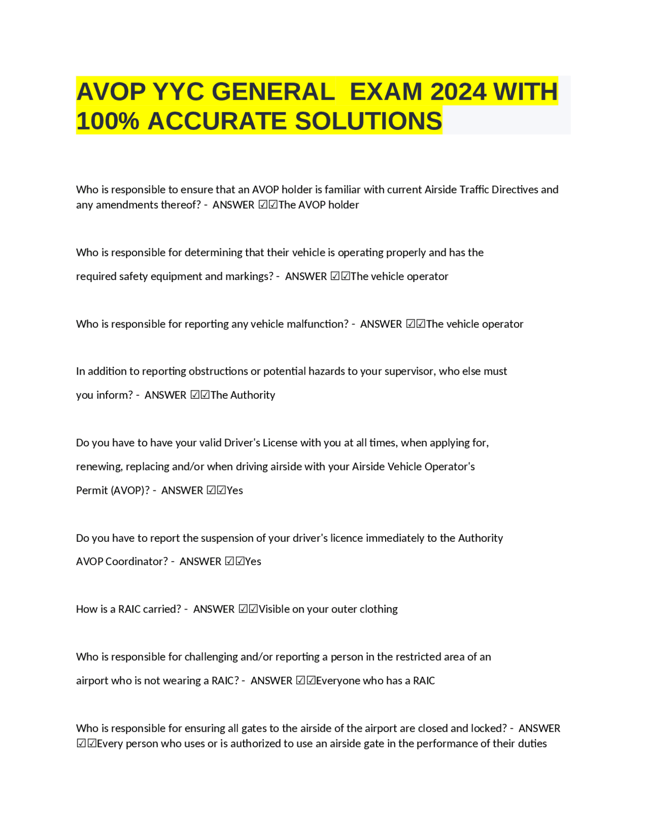 AVOP YYC GENERAL EXAM 2024 WITH 100% ACCURATE SOLUTIONS | Exams Nursing | Docsity