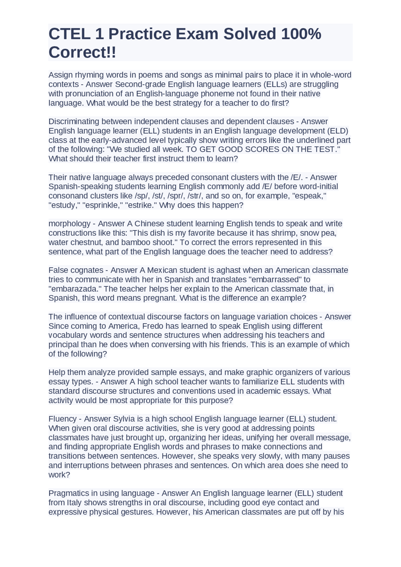 CTEL 1 Practice Exam Solved 100% Correct!!. | Exams Nursing | Docsity