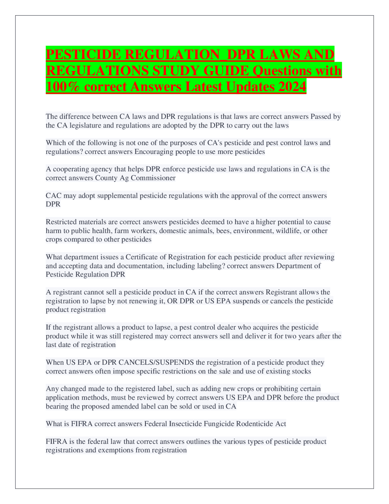 PESTICIDE REGULATION_DPR LAWS AND REGULATIONS STUDY GUIDE Questions ...