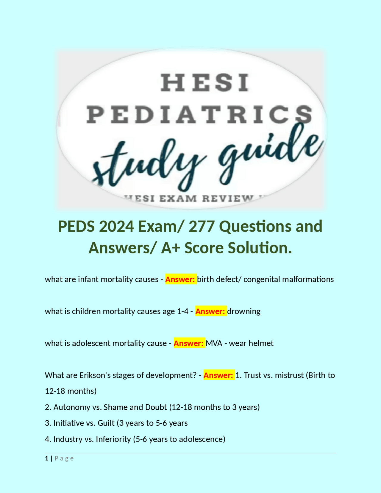 PEDS 2024 Exam/ 277 Questions and Answers | Exams Pediatrics | Docsity