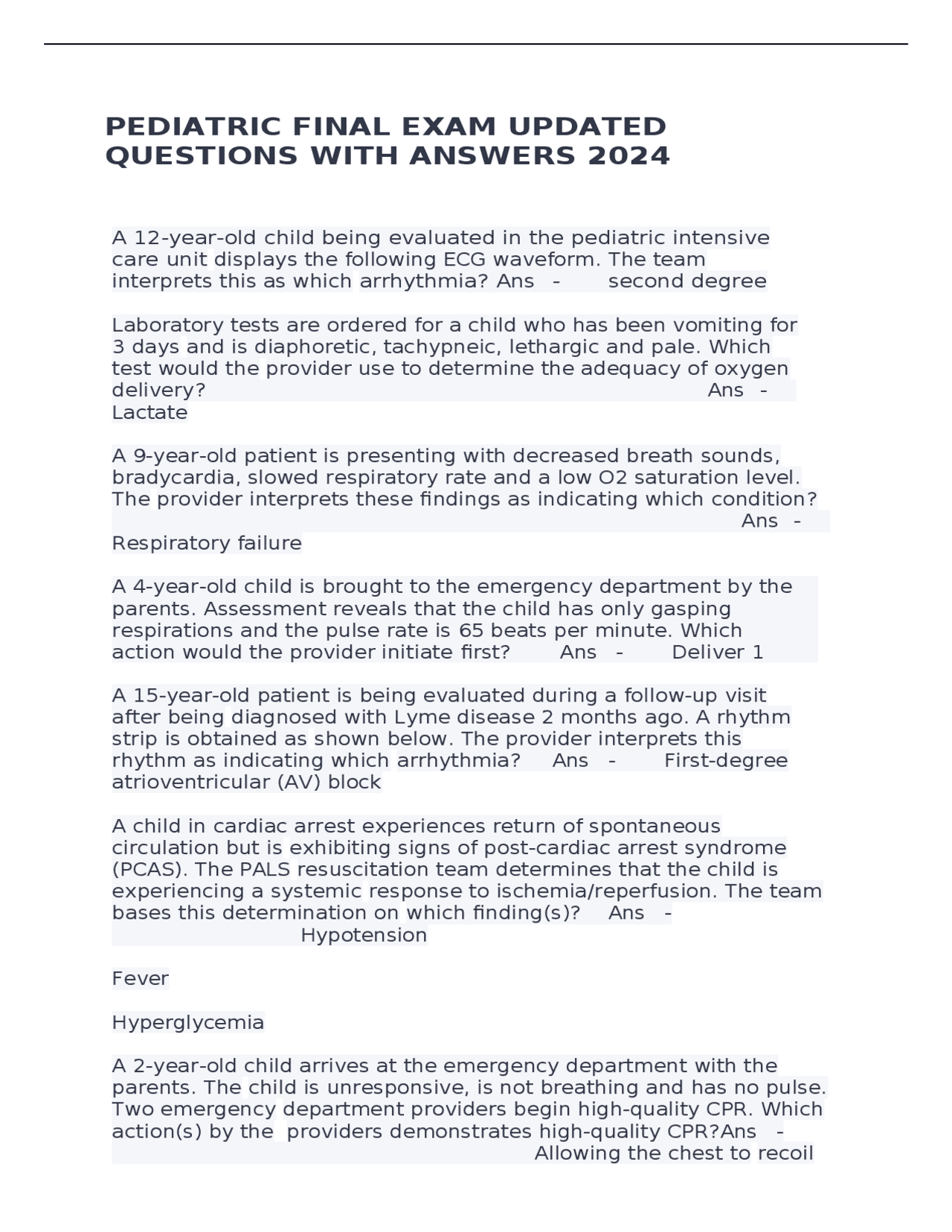 PEDIATRIC FINAL EXAM UPDATED QUESTIONS WITH ANSWERS 2024 | Exams ...