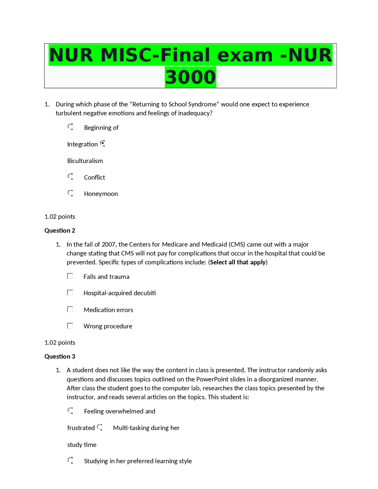 NUR MISC-Final exam -NUR 3000.docx | Exams Nursing | Docsity