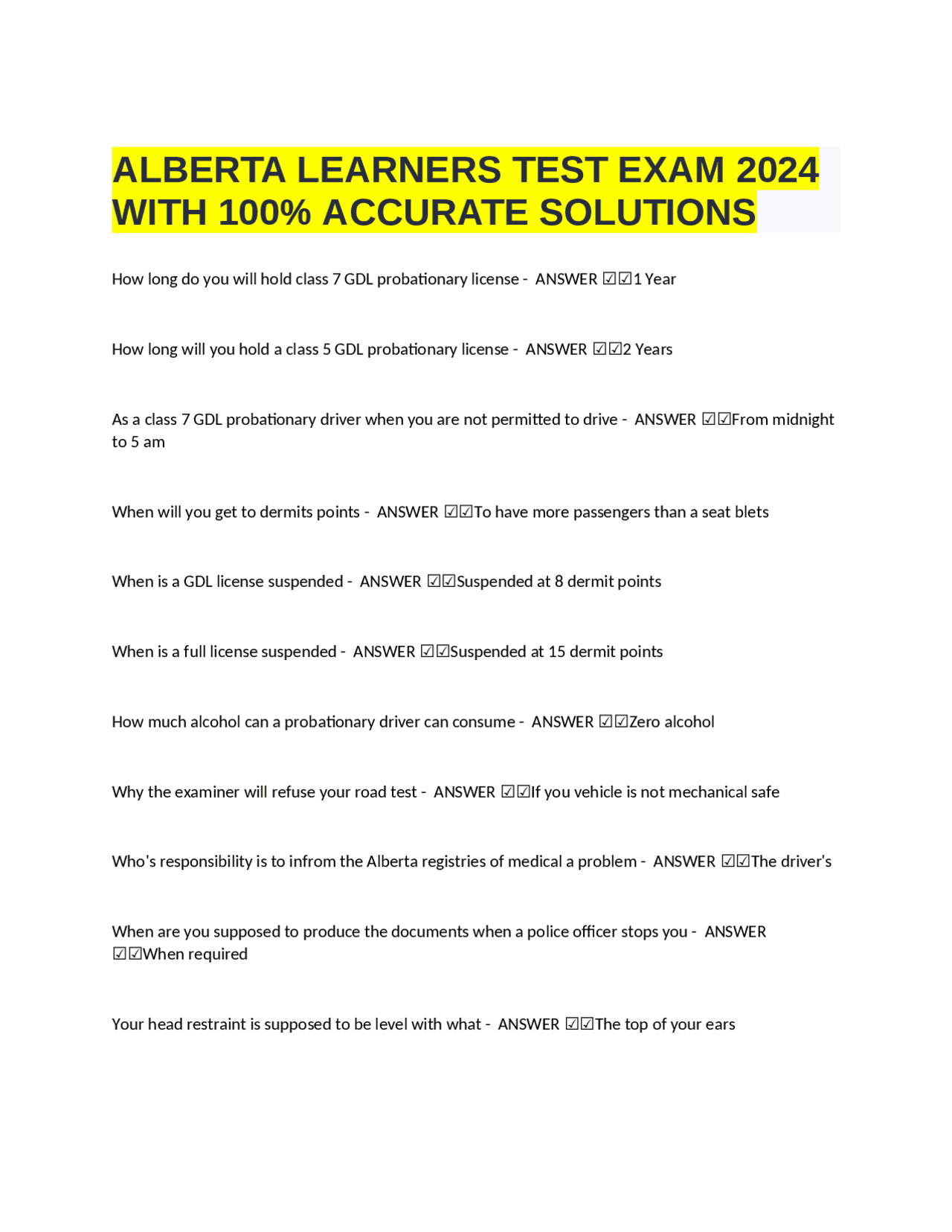 ALBERTA LEARNERS TEST EXAM 2024 WITH 100% ACCURATE SOLUTIONS | Exams ...