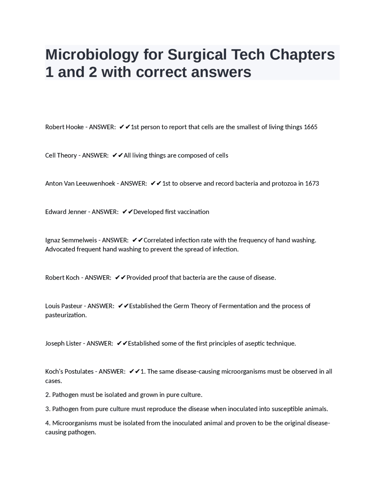 Microbiology for Surgical Tech Chapters 1 and 2 with correct answers | Exams Nursing | Docsity