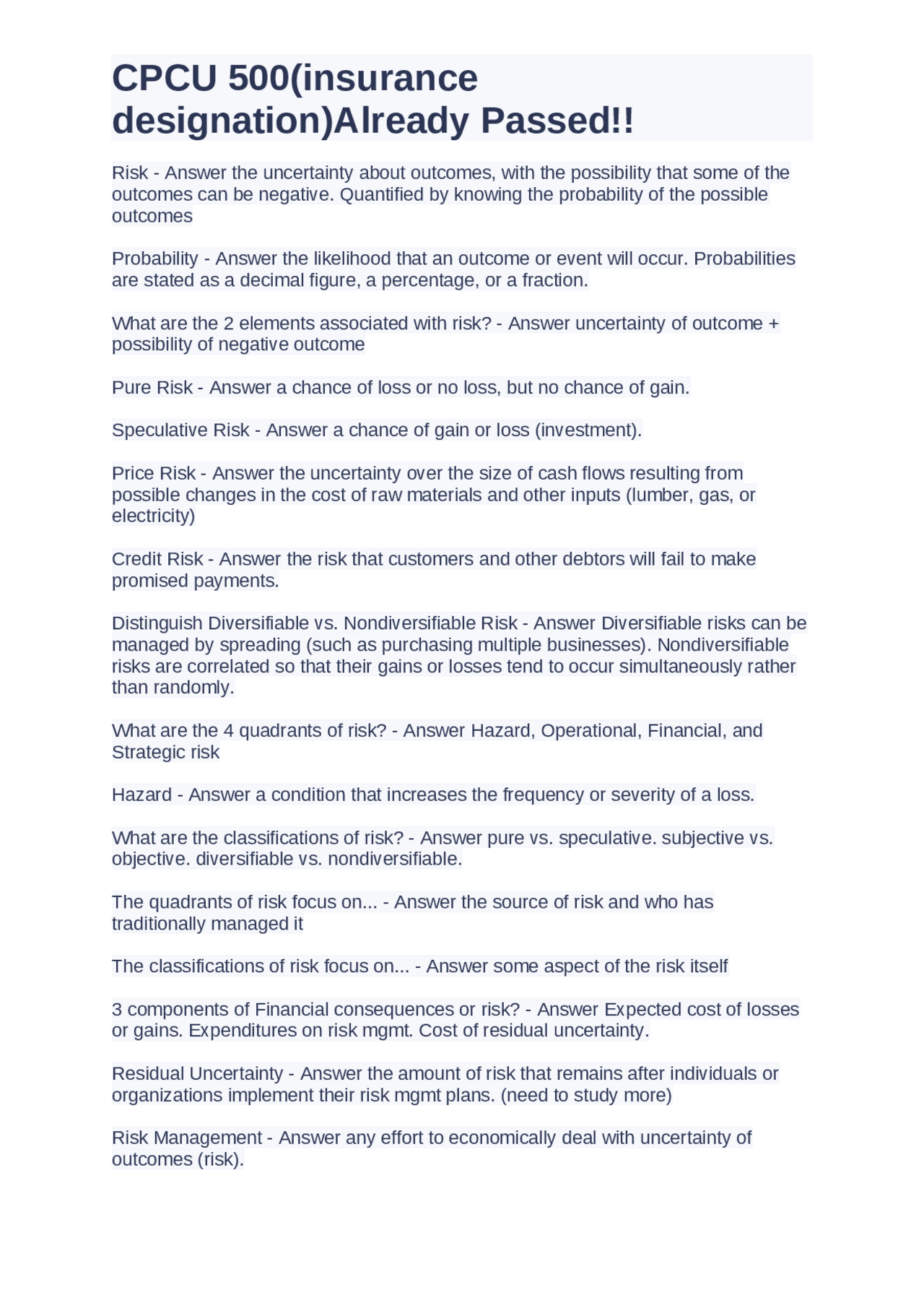 CPCU 500(insurance designation)Already Passed!!. | Exams Nursing | Docsity