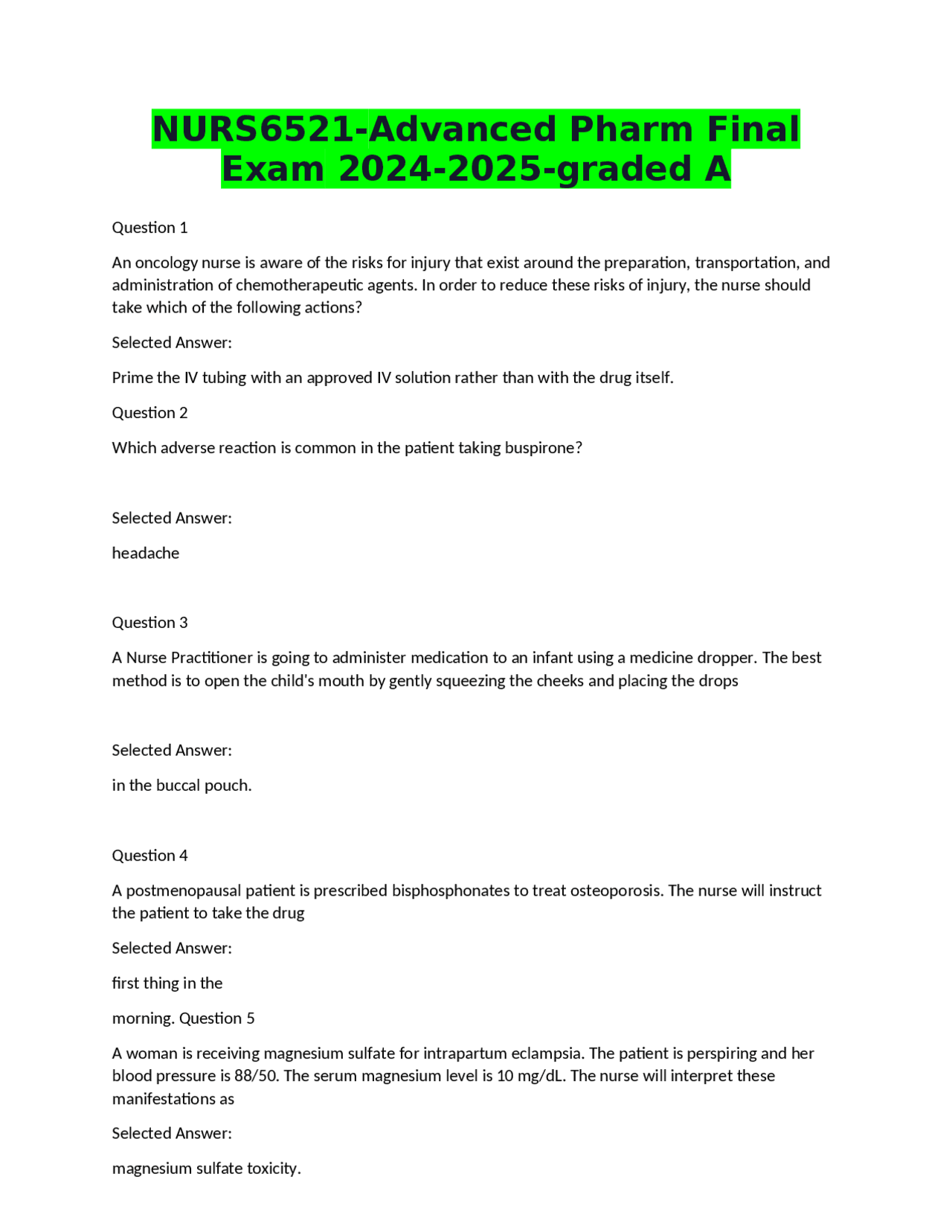 NURS6521-Advanced Pharm Final Exam 2024-2025-graded A.docx | Exams ...