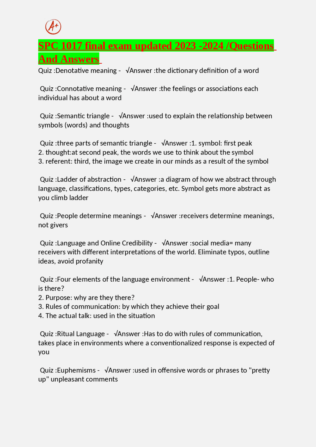 SPC 1017 final exam updated 2023 -2024 /Questions And Answers | Exams ...