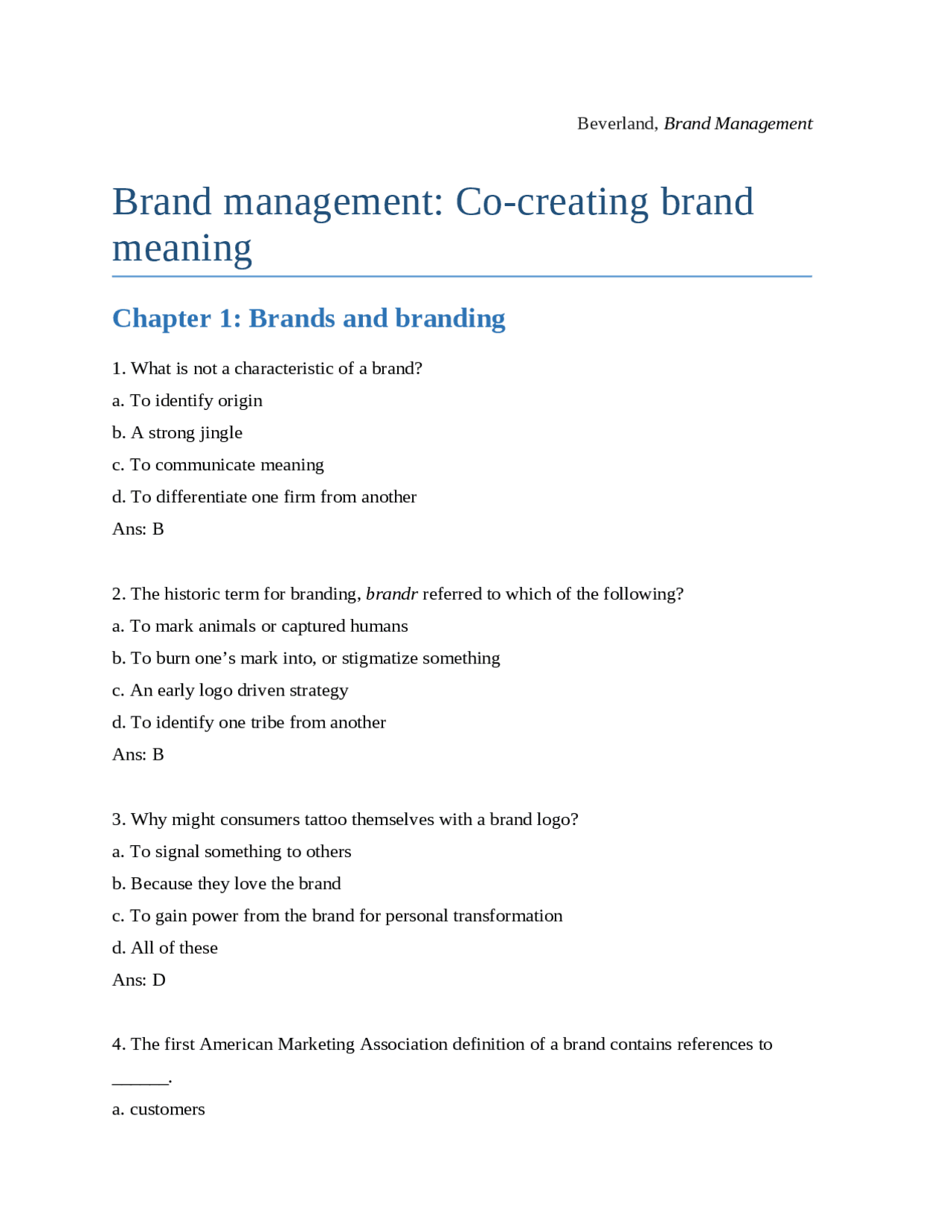 Test Bank Brand Management 2nd Edition | Exams Brand Management | Docsity