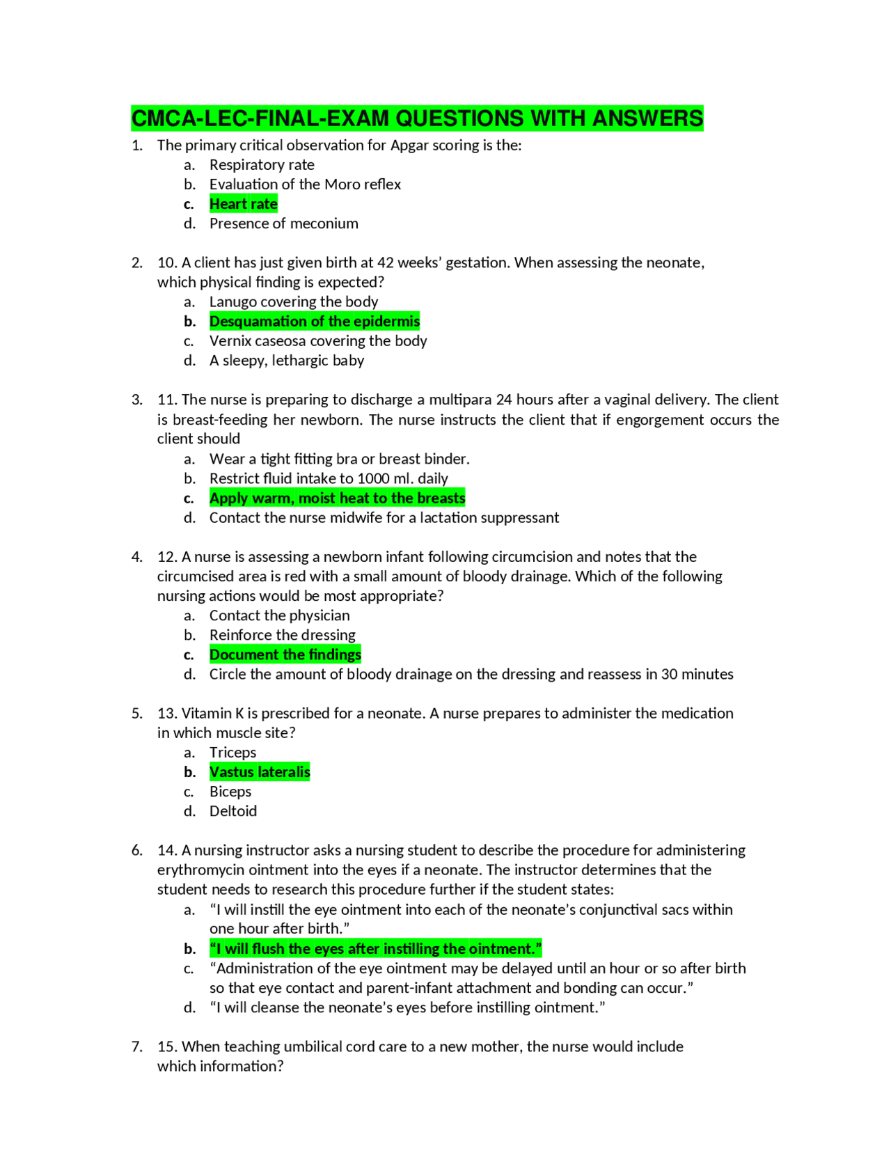 CMCA-LEC-FINAL-EXAM QUESTIONS WITH ANSWERS | Exams Nursing | Docsity