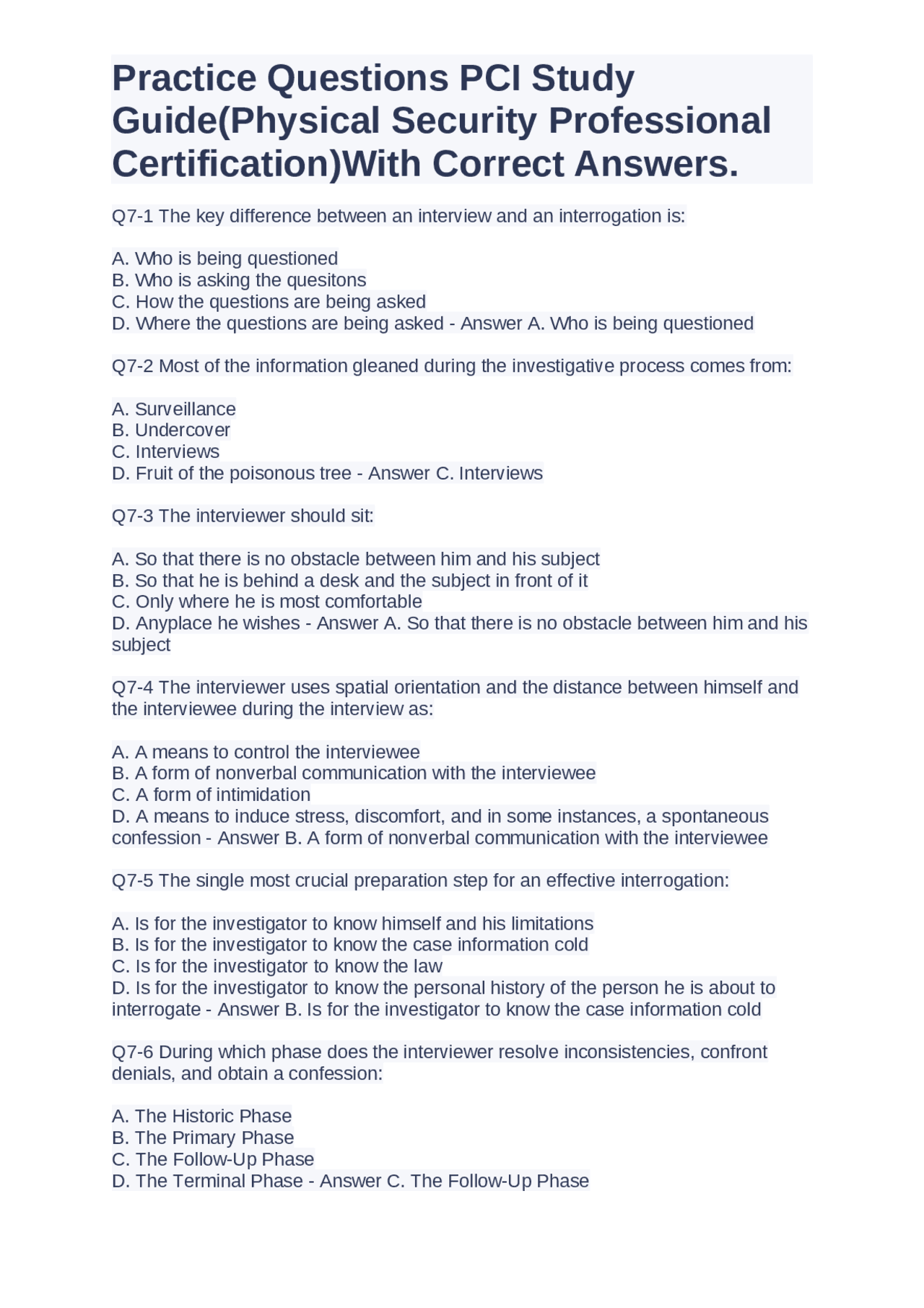 Practice Questions PCI Study Guide(Physical Security Professional ...