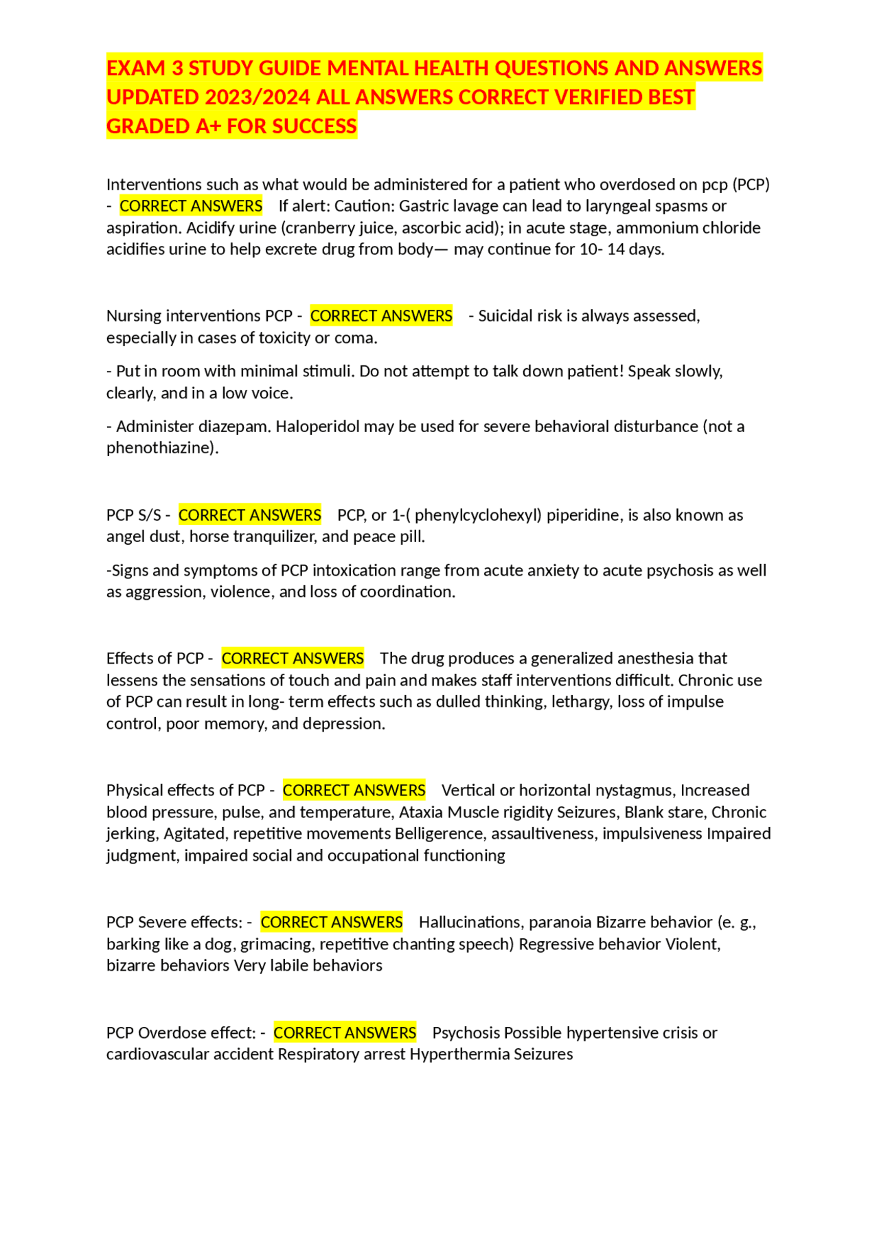 EXAM 3 STUDY GUIDE MENTAL HEALTH QUESTIONS AND ANSWERS UPDATED 2023/ ...