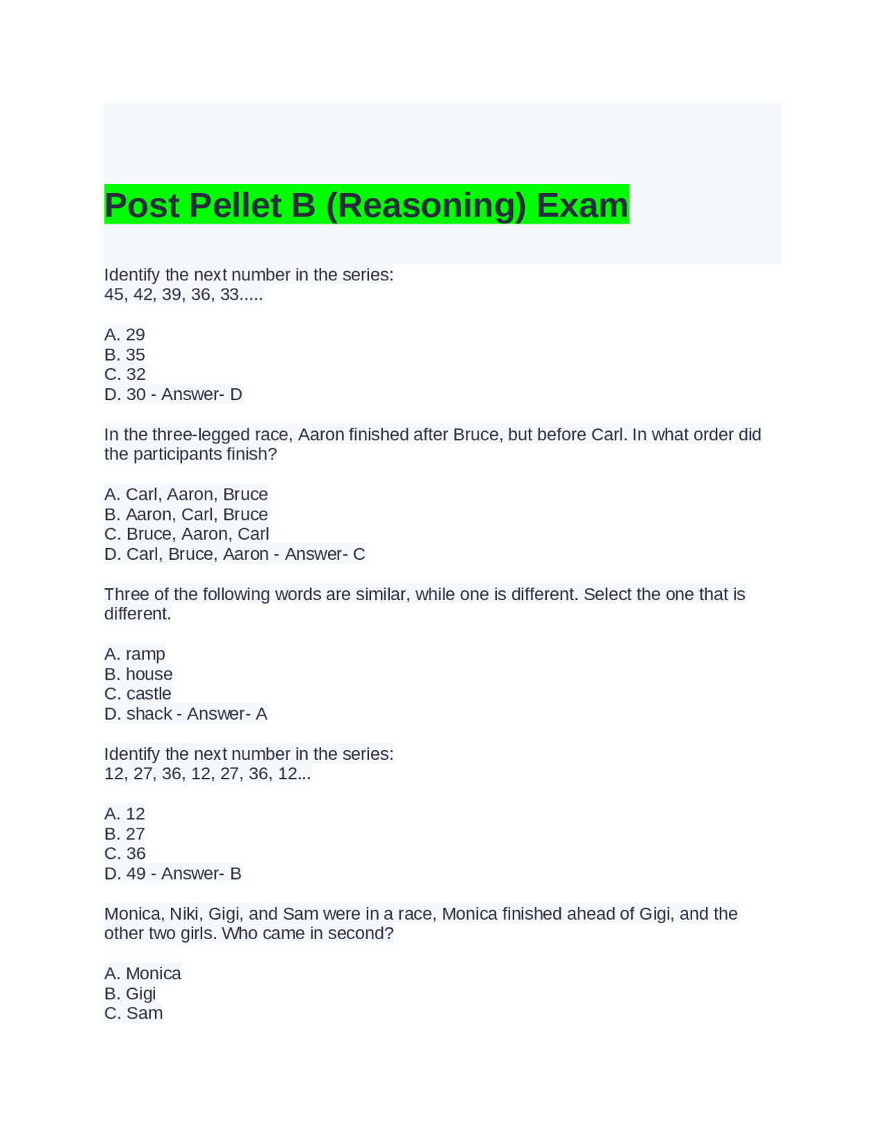Post Pellet B (Reasoning) Exam Questions and Answers | Exams Law | Docsity
