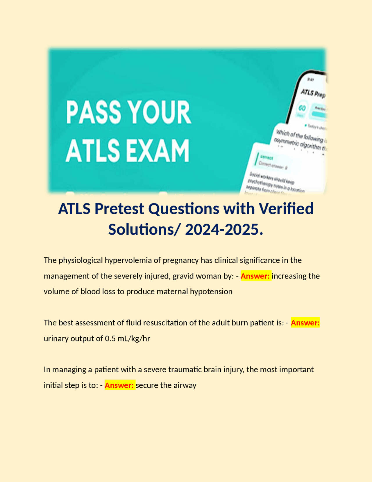 ATLS Pretest Questions with Verified Solutions/ 2024-2025. | Exams ...